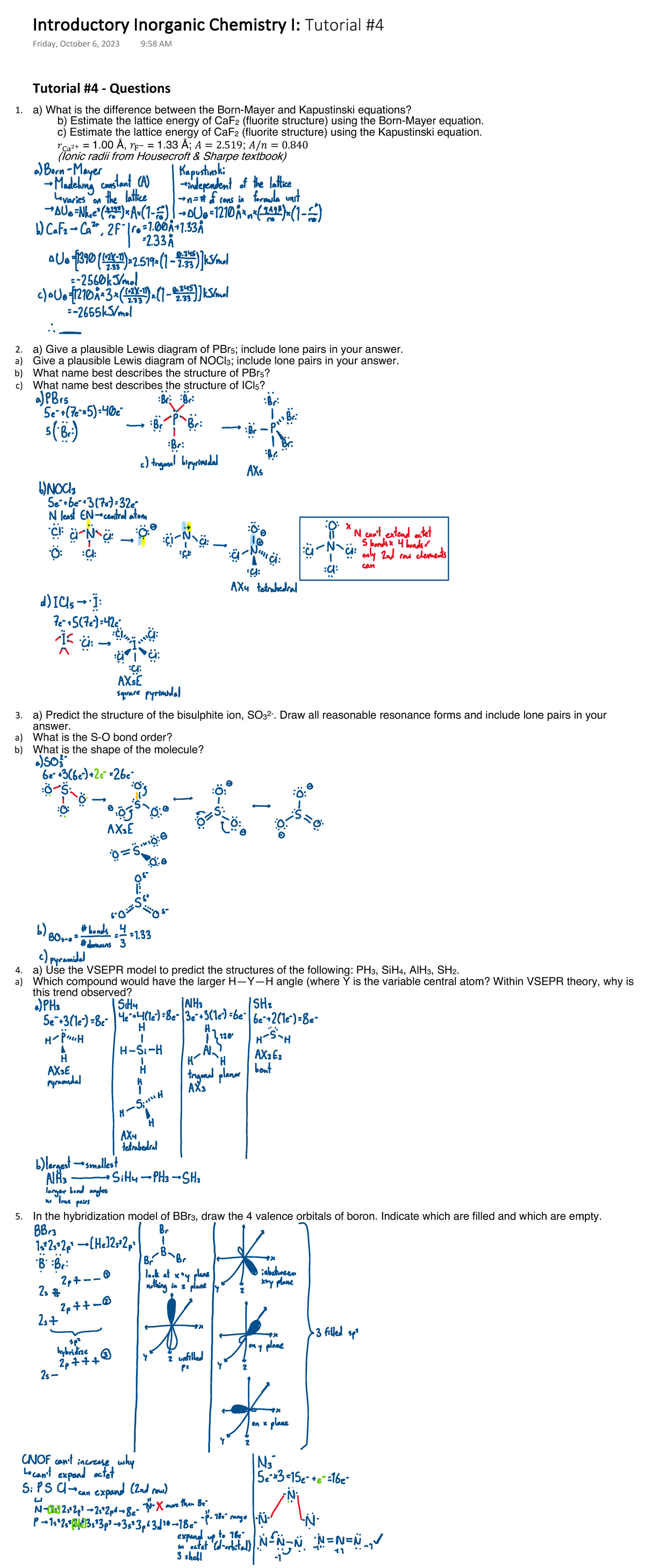Introductory Inorganic Chemistry I Tutorial 4 - Tutorial #4 - Questions a) What is the ...