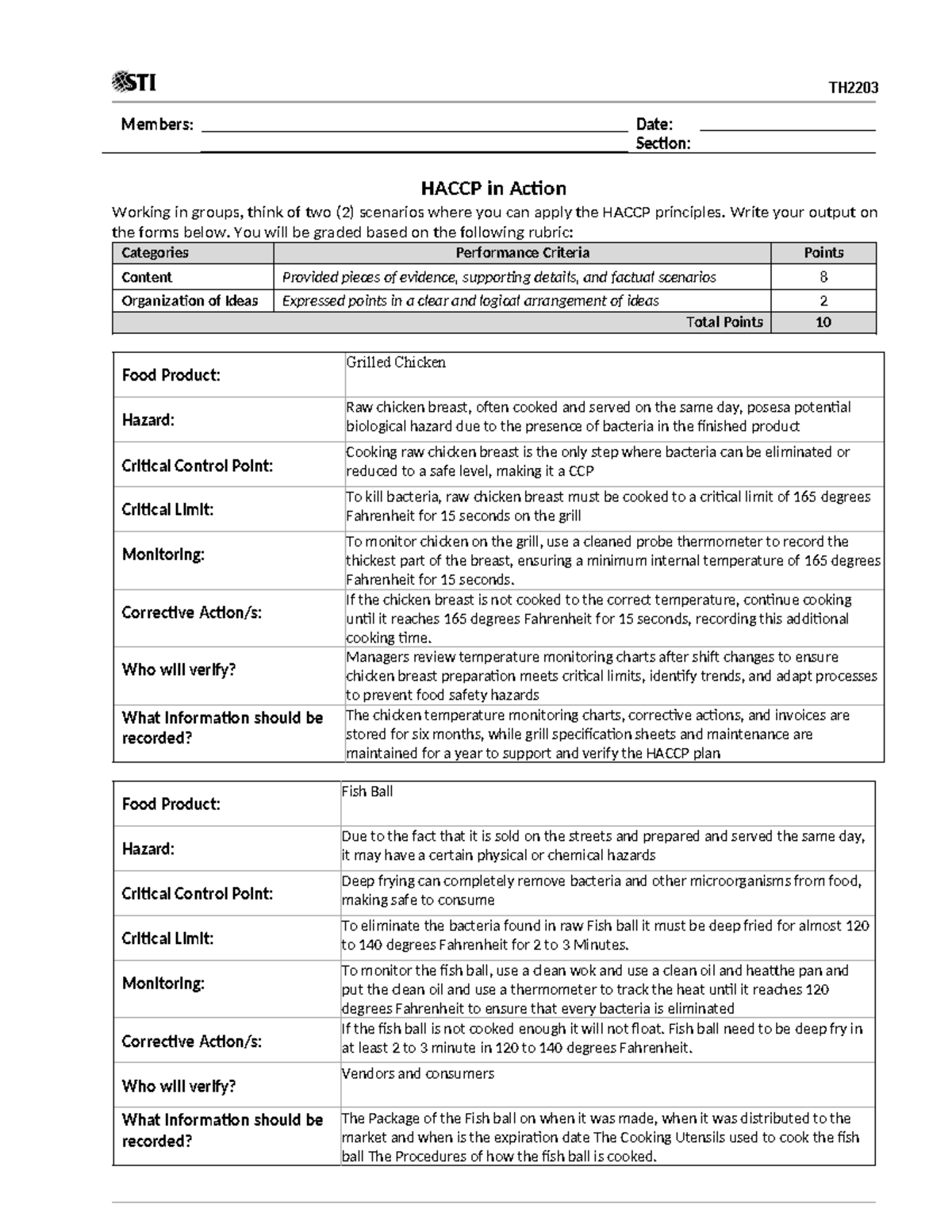 05 Group Exercise Riskman - TH HACCP in Action Working in groups, think of two (2) scenarios ...