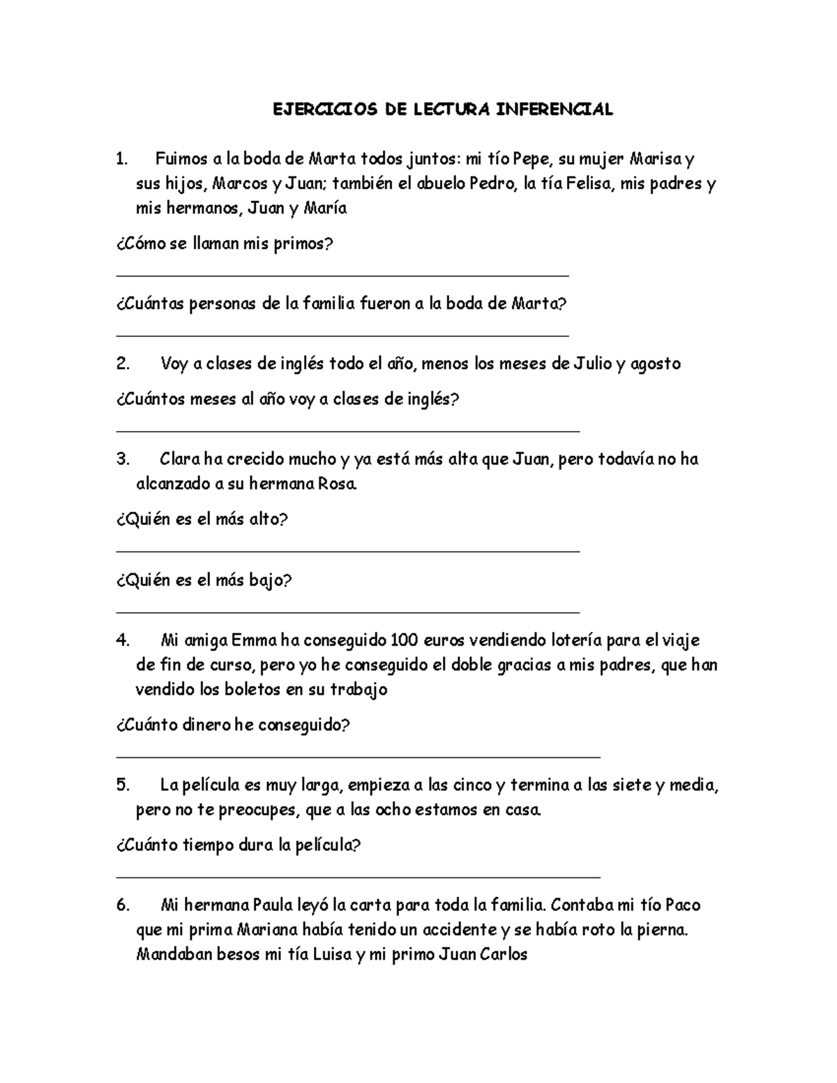 Ejercicios DE Lectura Inferncial - EJERCICIOS DE LECTURA INFERENCIAL ...