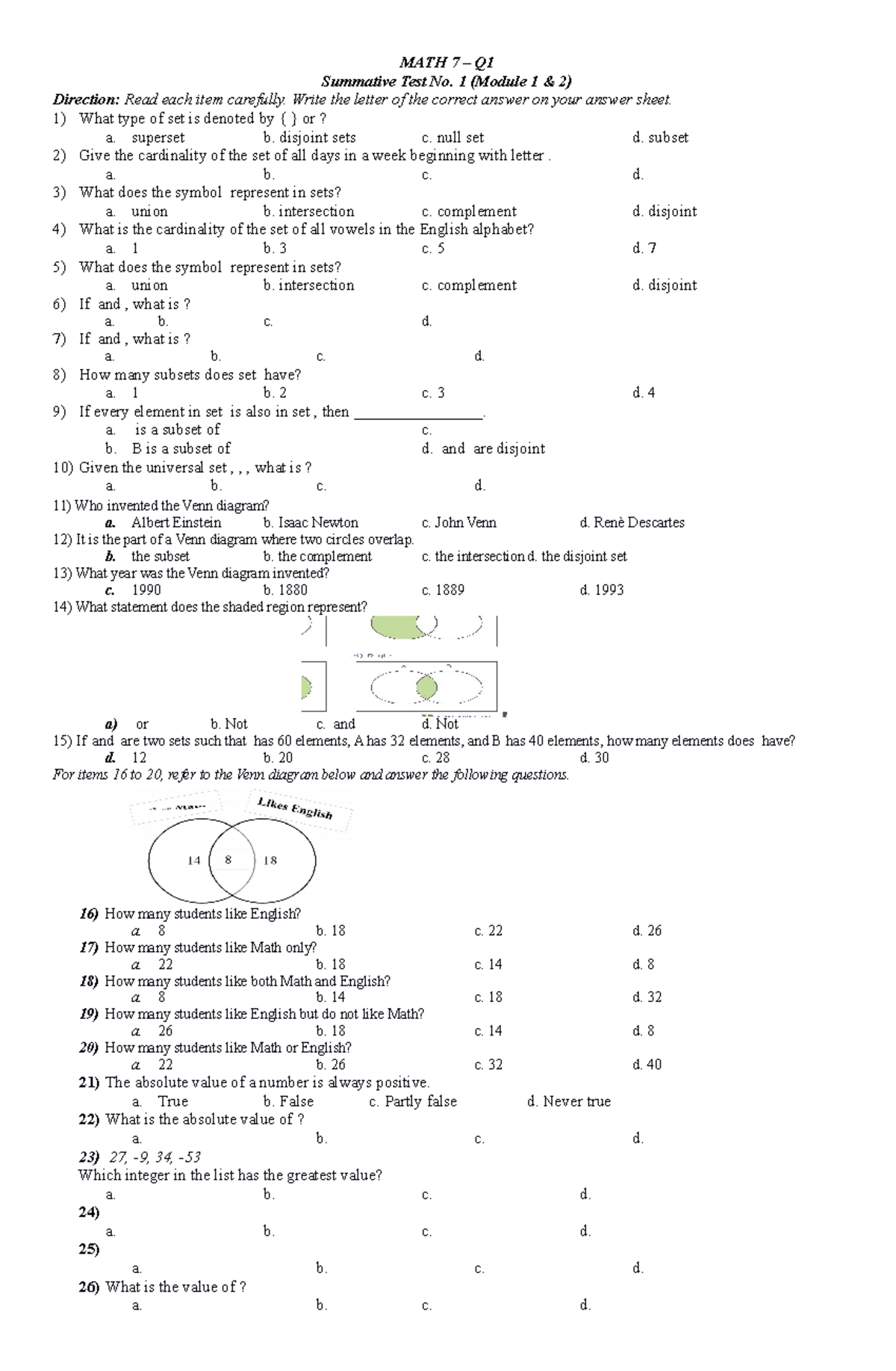 Summative 1 - MATH 7 – Q Summative Test No. 1 (Module 1 & 2) Direction ...