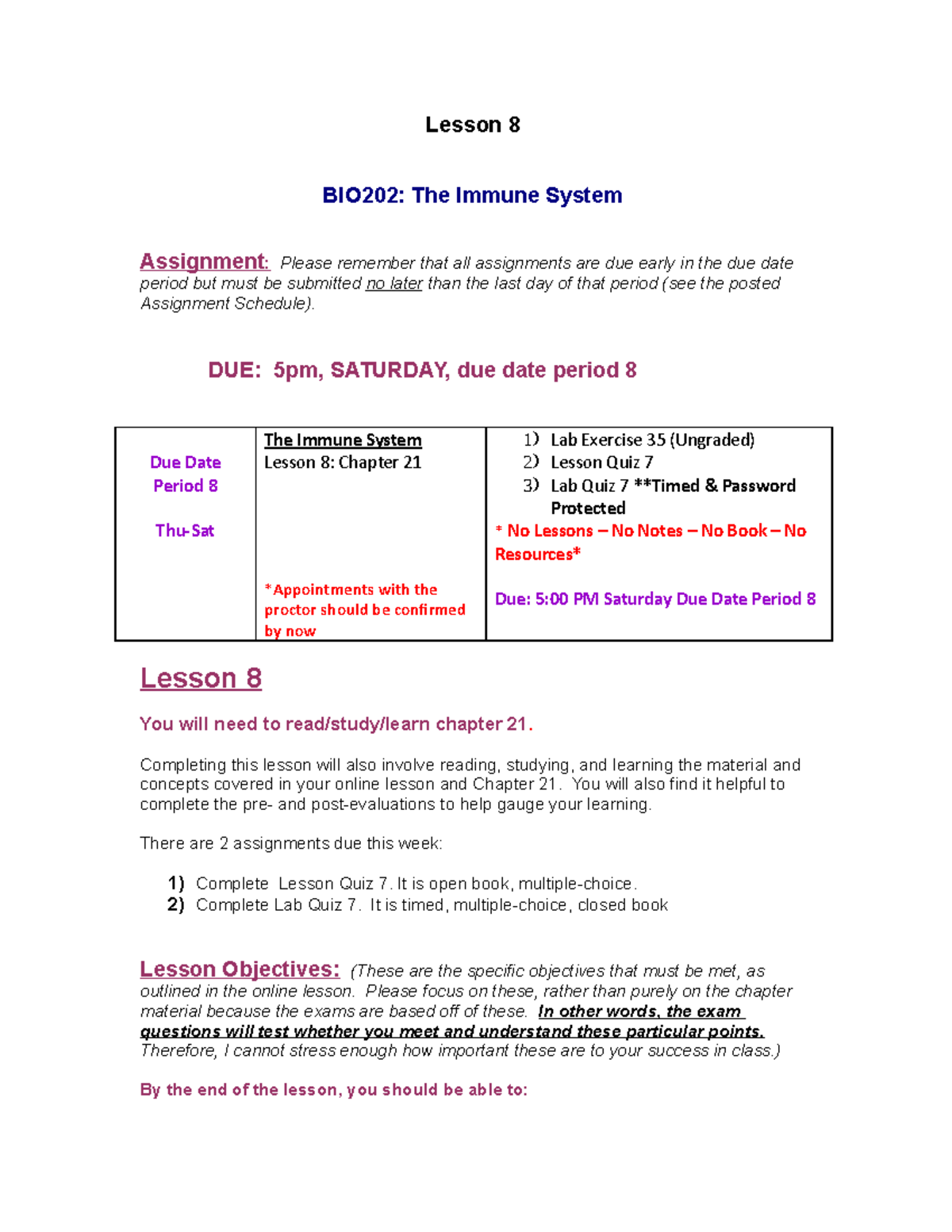 Period 8 The Immune System - Lesson 8 BIO202: The Immune System ...