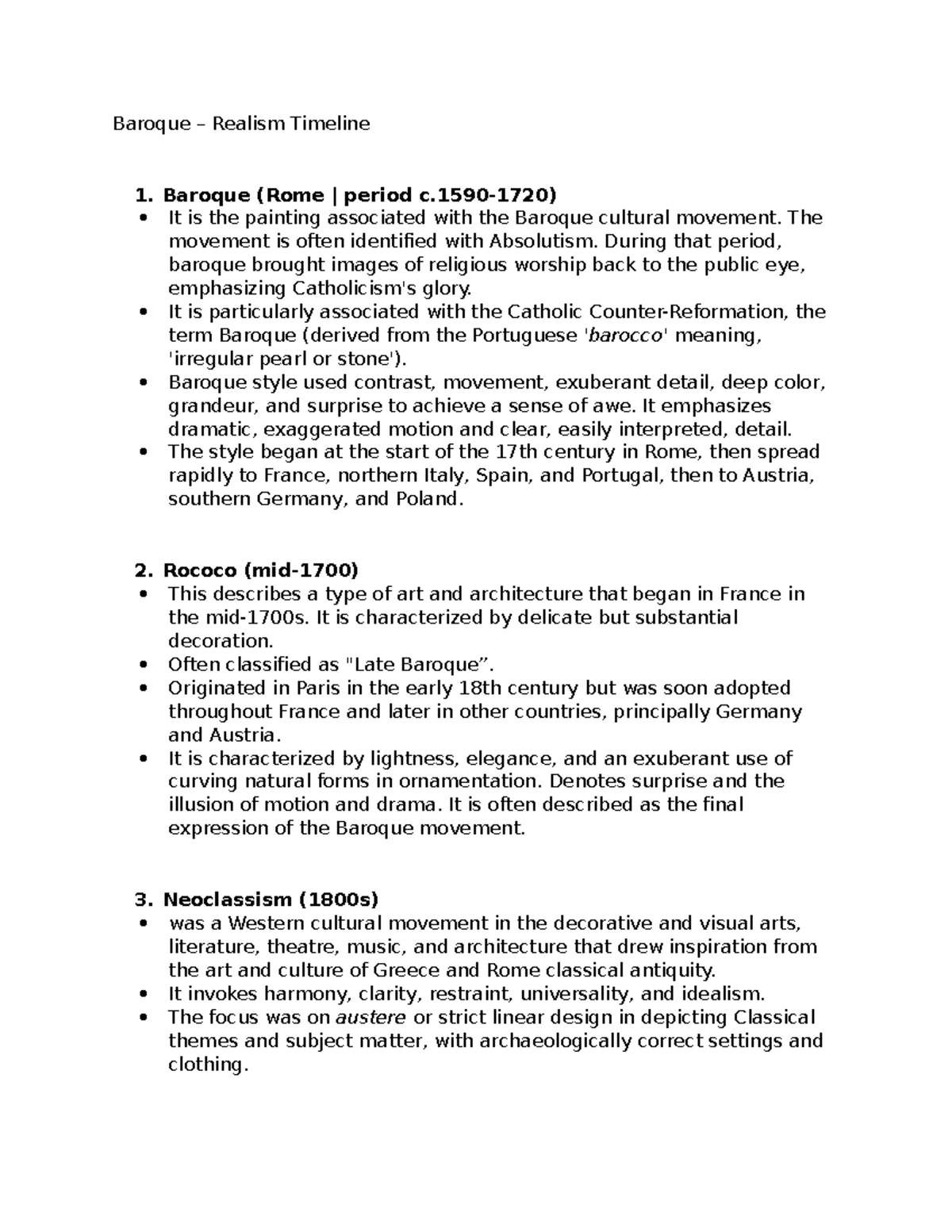 Baroque to Realism - FOR ART APRRECIATION. - Baroque – Realism Timeline ...