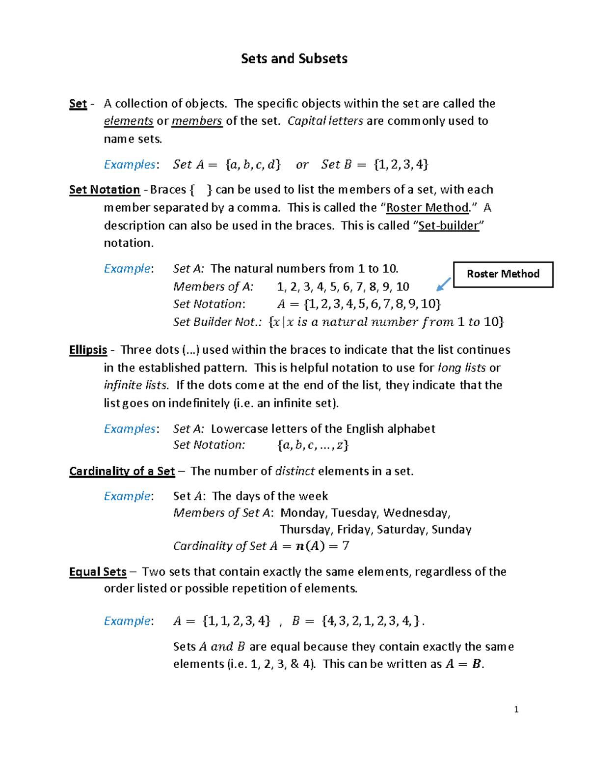 Sets and Subsets - Notes - Sets and Subsets Set - A collection of ...