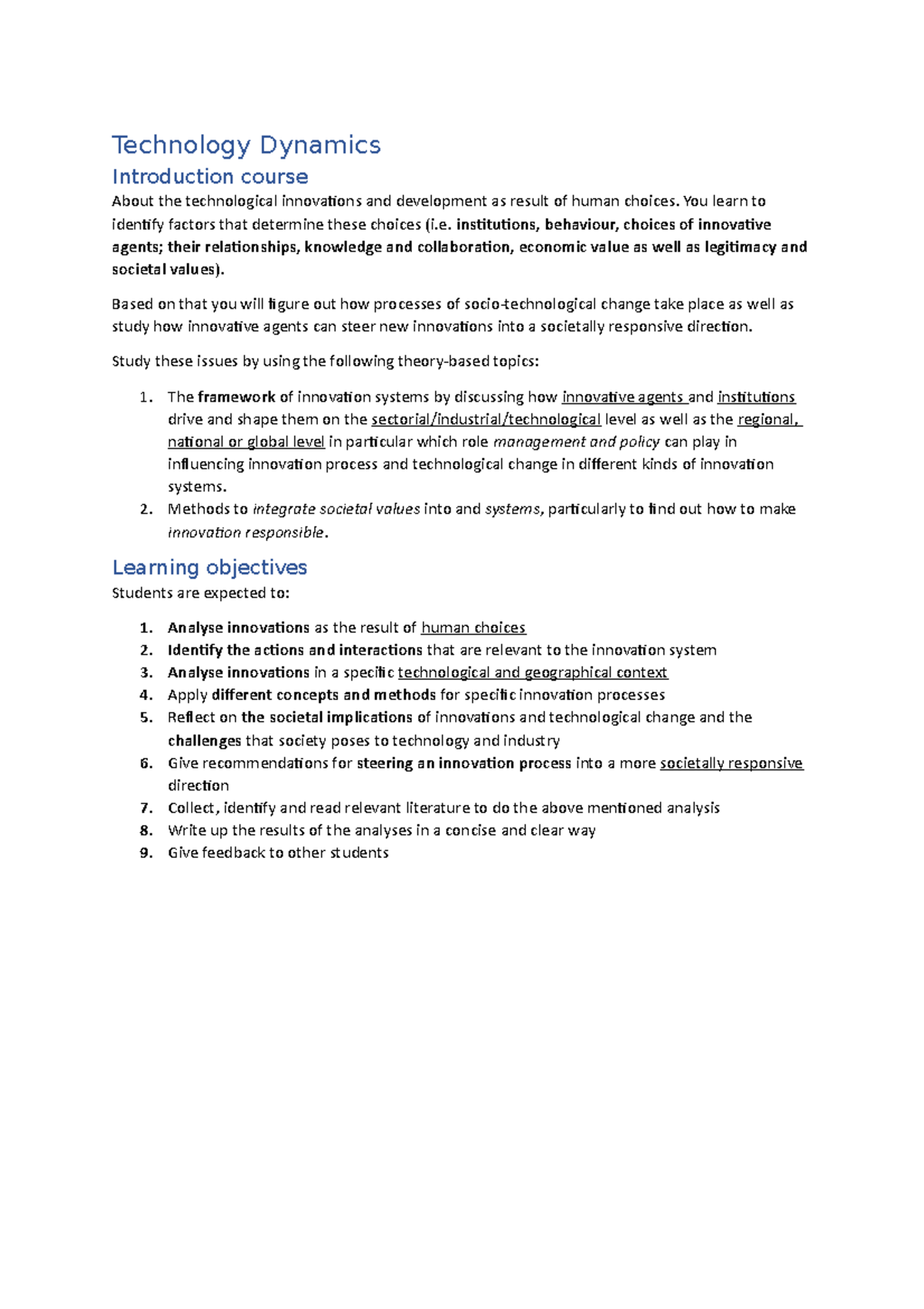 Summary Technology Dynamics - Technology Dynamics Introduction course ...