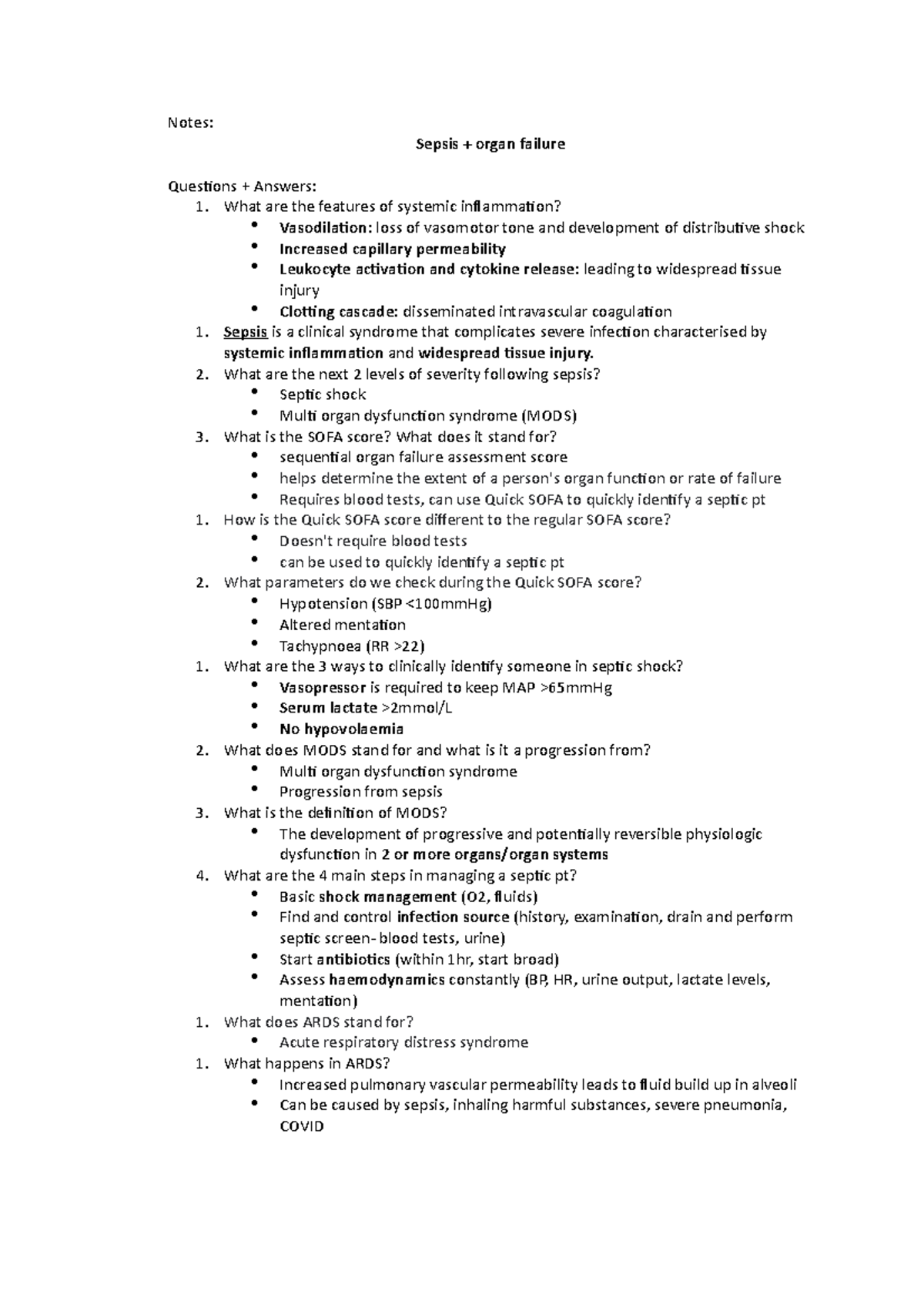 Sepsis + organ failure - Clinical science - clinical - Notes: Sepsis ...