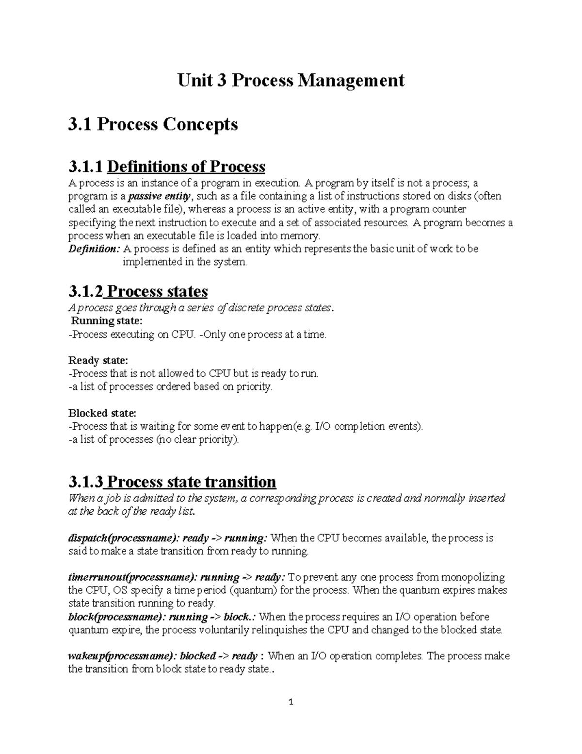 OS-unit-3 - Note - Unit 3 Process Management 3 Process Concepts 3.1 ...