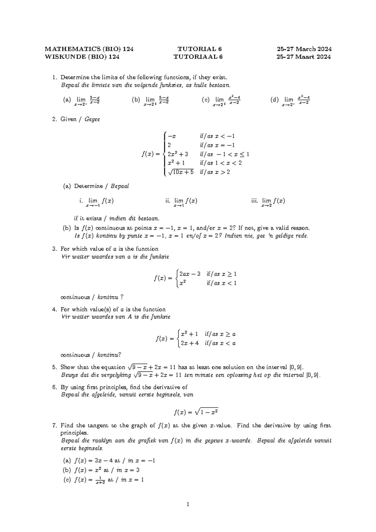 Tut6 - Tut 6 - MATHEMATICS (BIO) 124 TUTORIAL 6 25-27 March 2024 WISKUNDE (BIO) 124 TUTORIAAL 6 ...