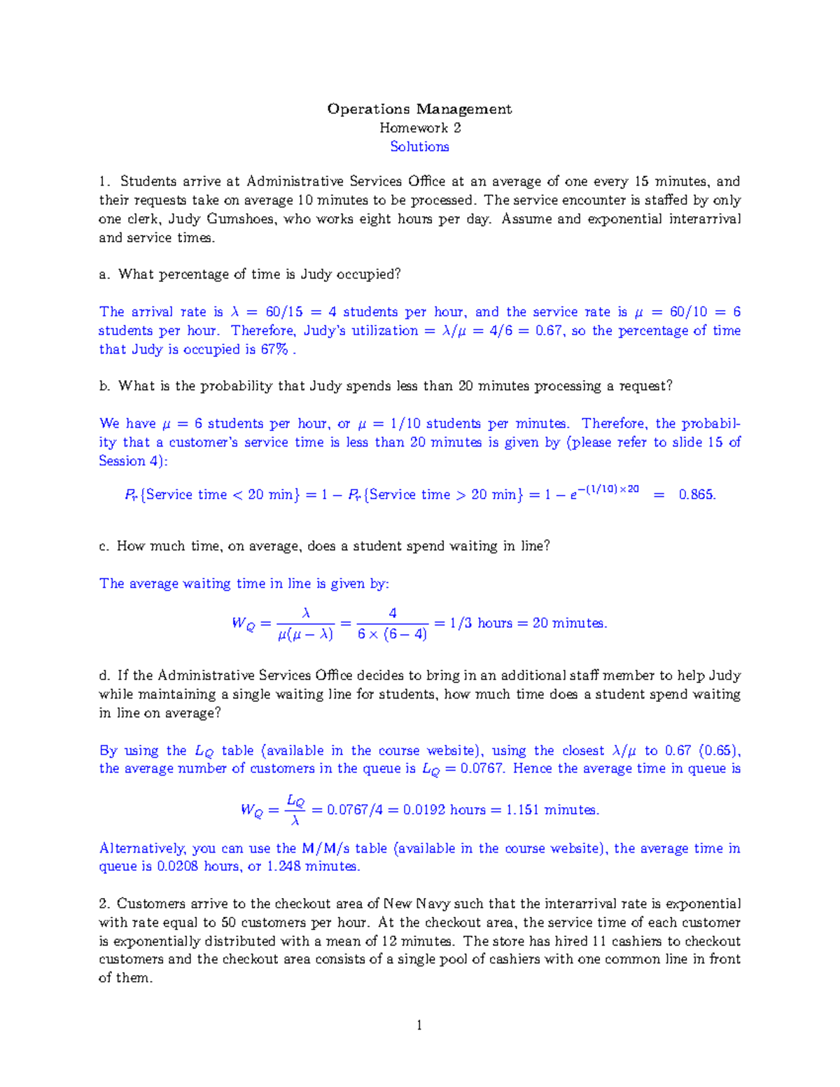 Solution 2 0202 - HW2 - Operations Management Homework 2 Solutions Students arrive at ...