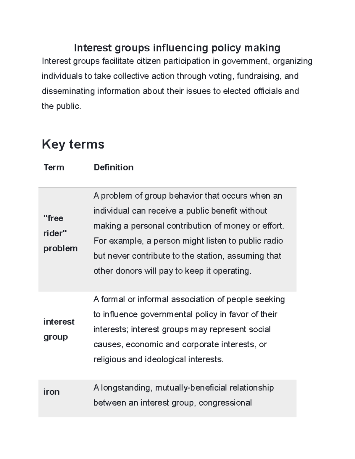 Interest groups influencing policy making - Key terms Term Definition ...