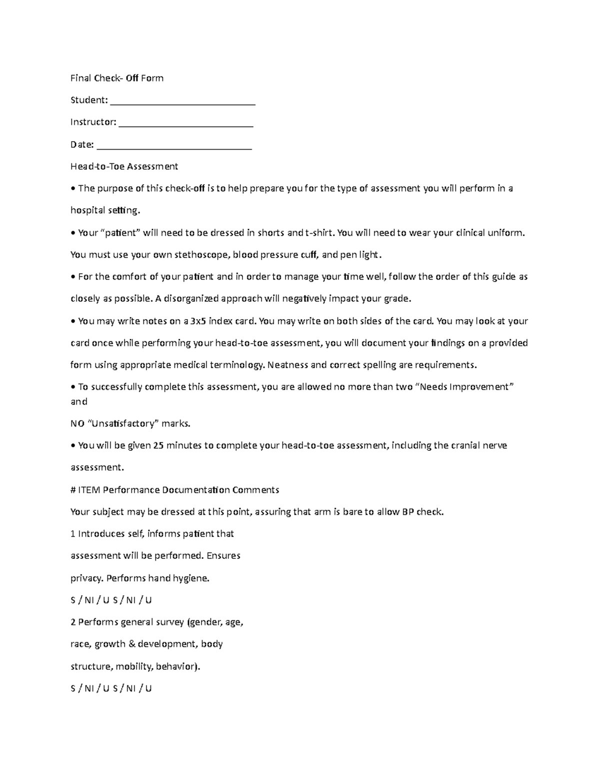 Health Assessment check off form - Final Check- Off Form Student
