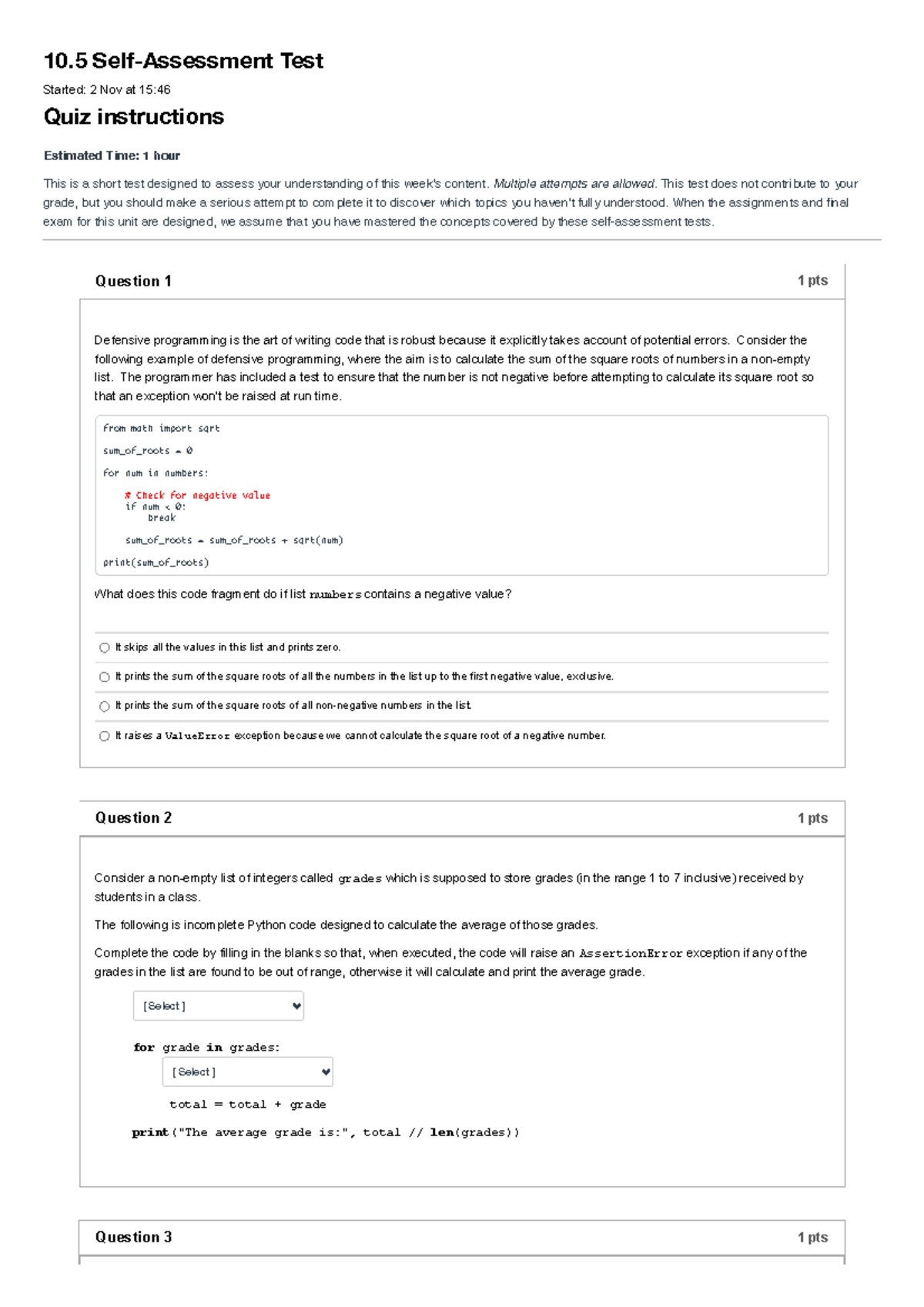 Quiz 10.5 Self-Assessment Test - 10 Self-Assessment Test Started: 2 Nov ...