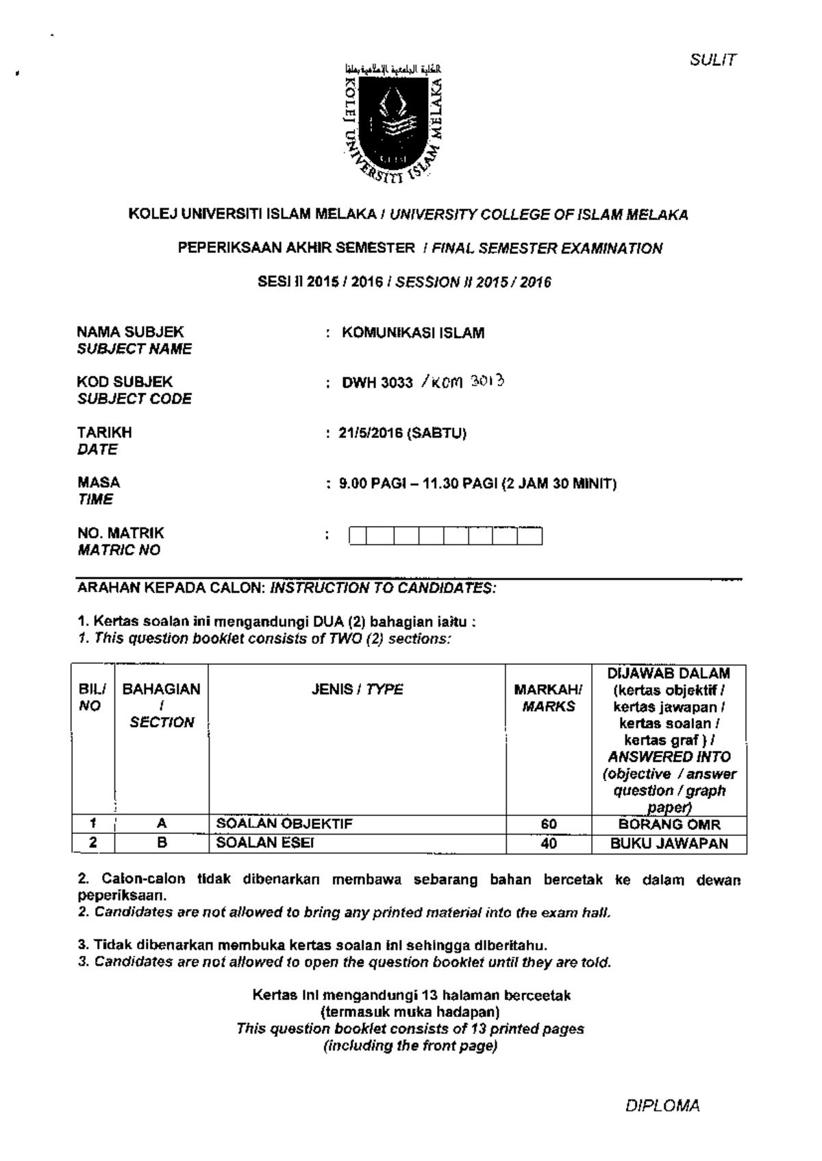 DWH 3033 - SOALAN CONTOH 4 - SULIT KOLEJ UNIVERSITI ISLAM MELAKA ...