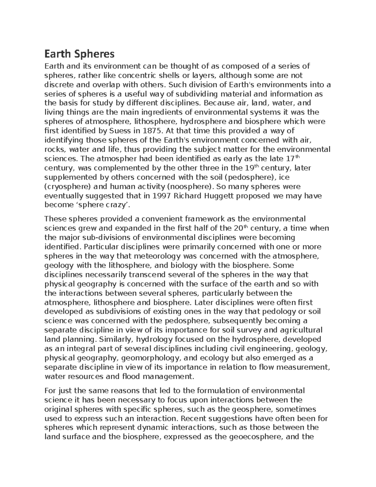 Earth spheres notes - Earth Spheres Earth and its environment can be ...