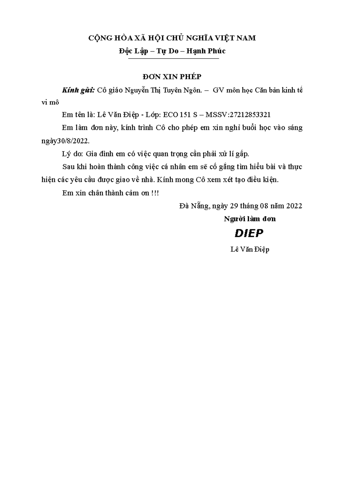 Đơn xin nghỉ phép - hhhh - CỘNG HÒA XÃ HỘI CHỦ NGHĨA VIỆT NAM Độc Lập ...