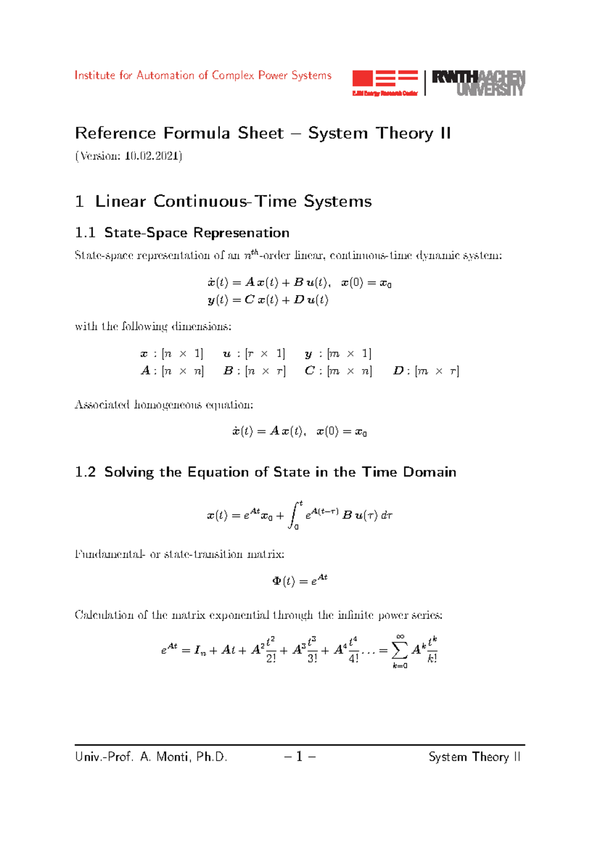 Formula Sheet System Theory II - 02) 1 Linear Continuous-Time Systems 1 ...