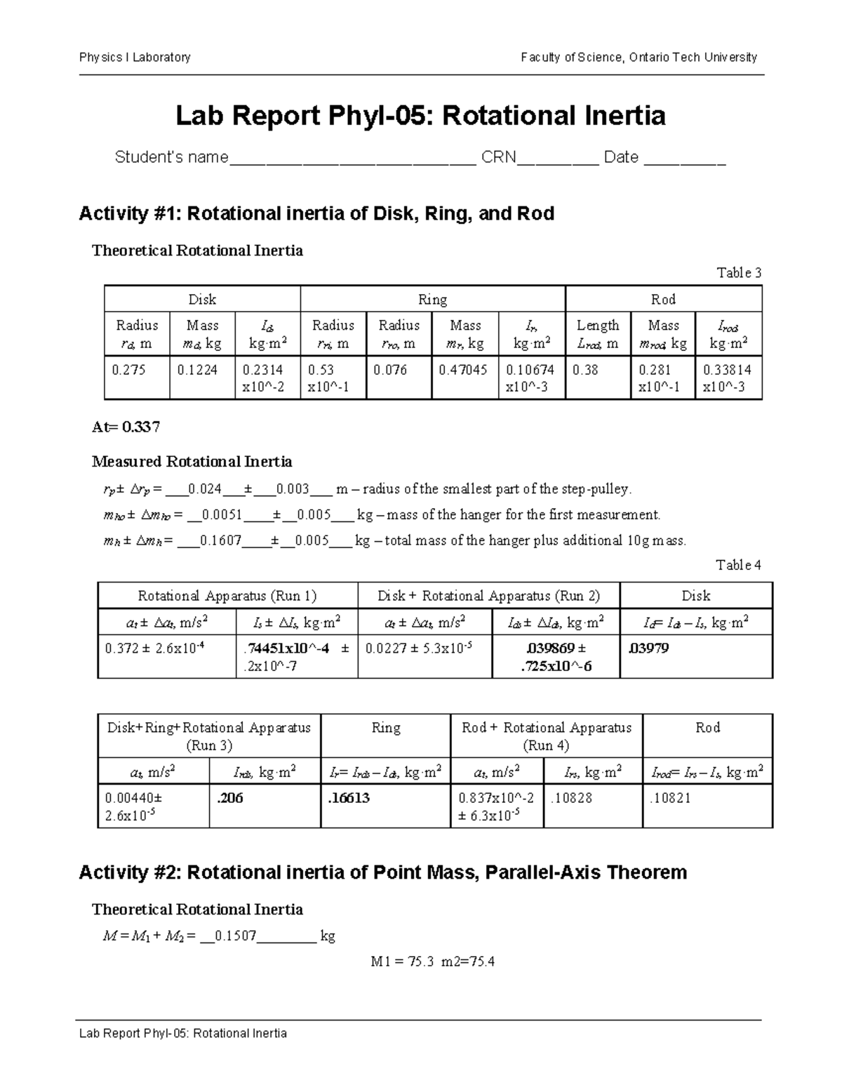 Lab 5: Measuring the Moment of Inertia of Various Objects - Physics I ...