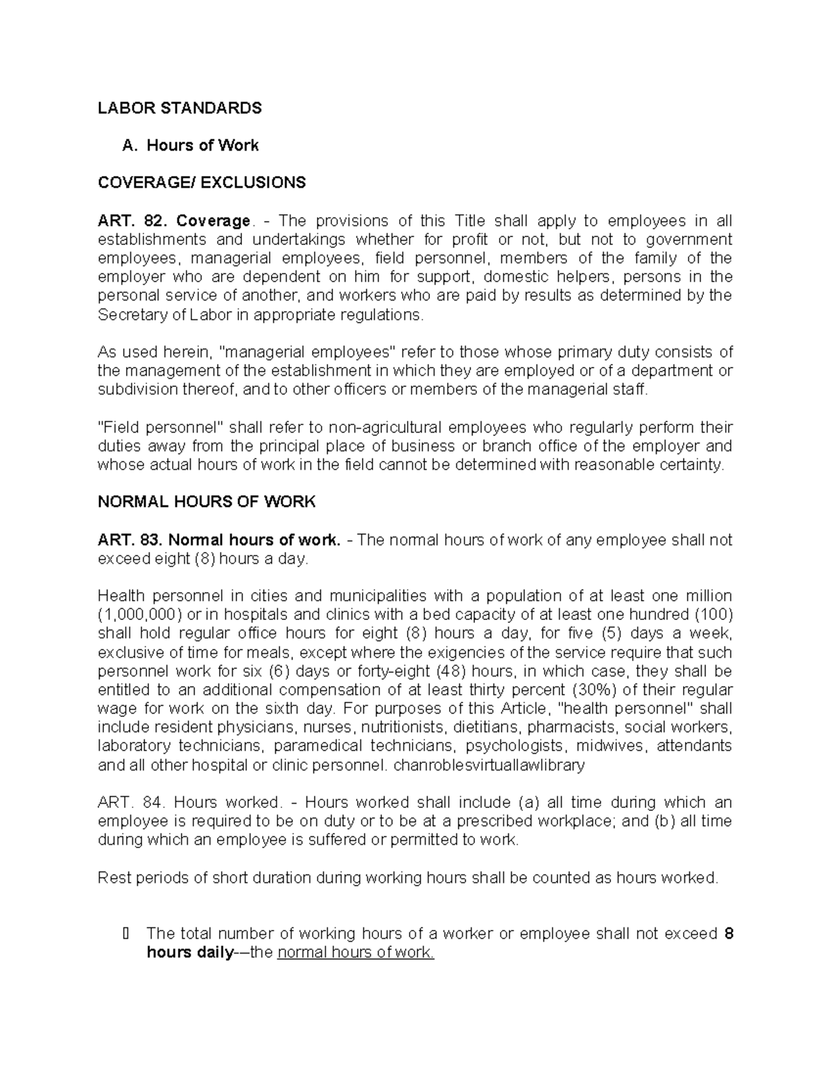 After Prelims Notes - REVIEWER FOR LABOR - LABOR STANDARDS A. Hours of ...