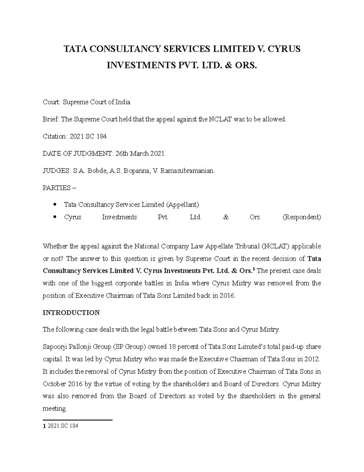 Case Comment - LRM - NIL - TATA CONSULTANCY SERVICES LIMITED V. CYRUS ...