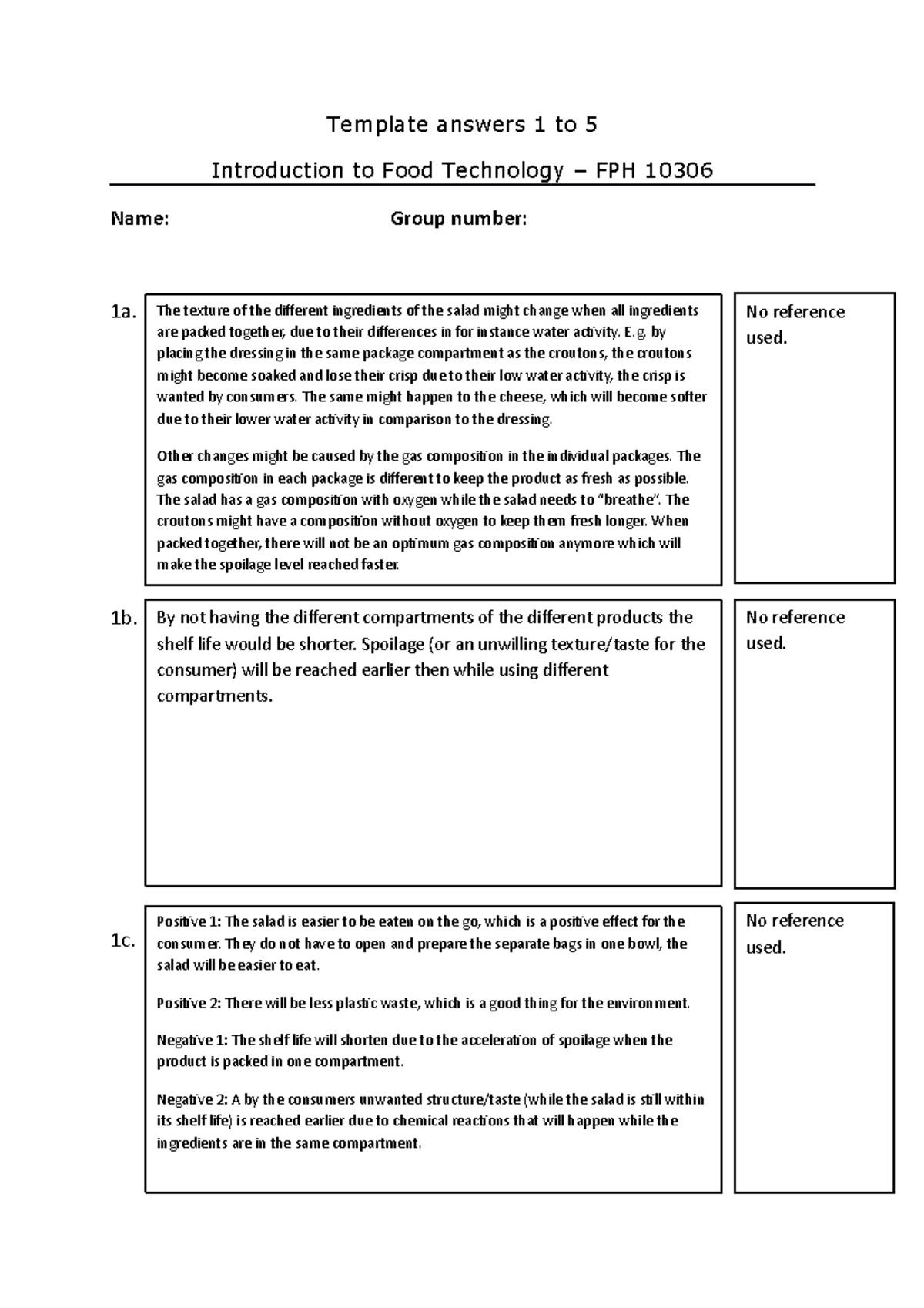 Food tech first years case - Template answers 1 to 5 Introduction to ...