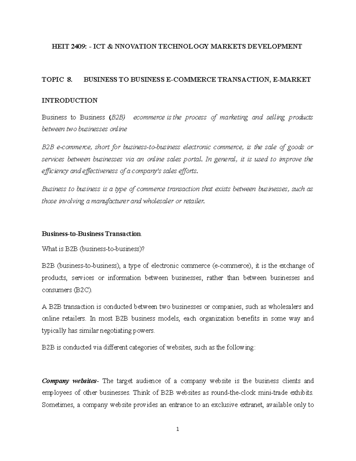 Topic 8. Business to Business e Commerce Transaction e Market - HEIT ...