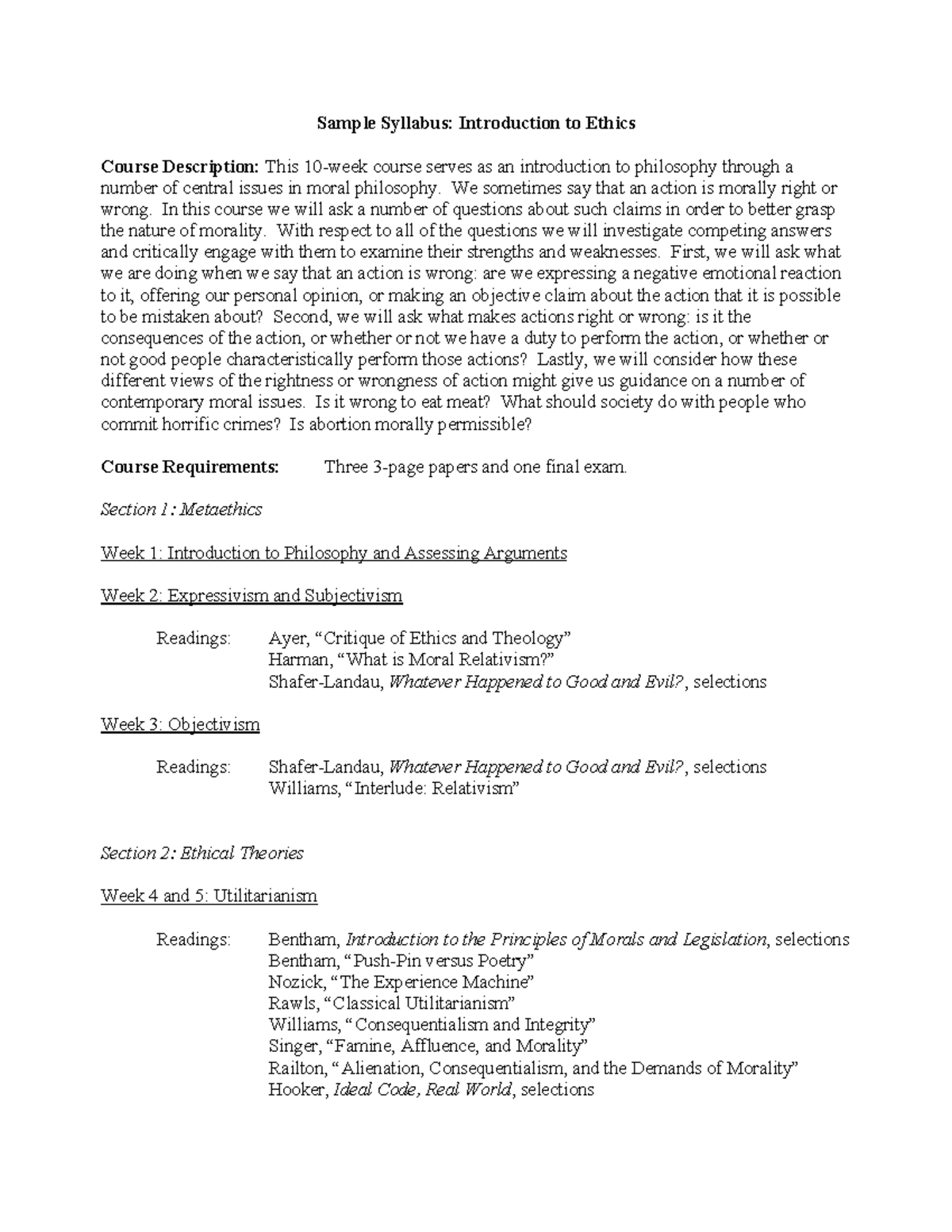 Introduction to Ethics - Sample Syllabus: Introduction to Ethics Course ...