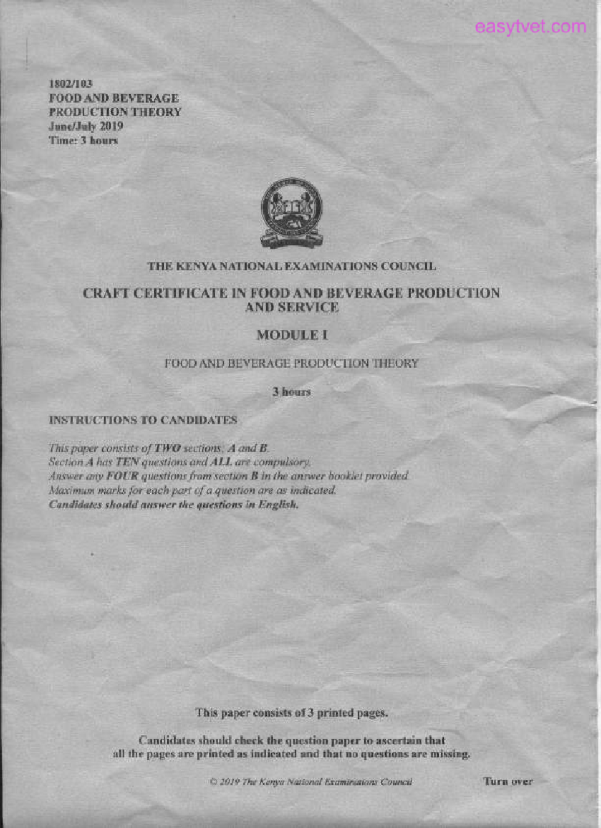 Fpt 2019 july knec past paper page 1 - Hospitality management - Studocu