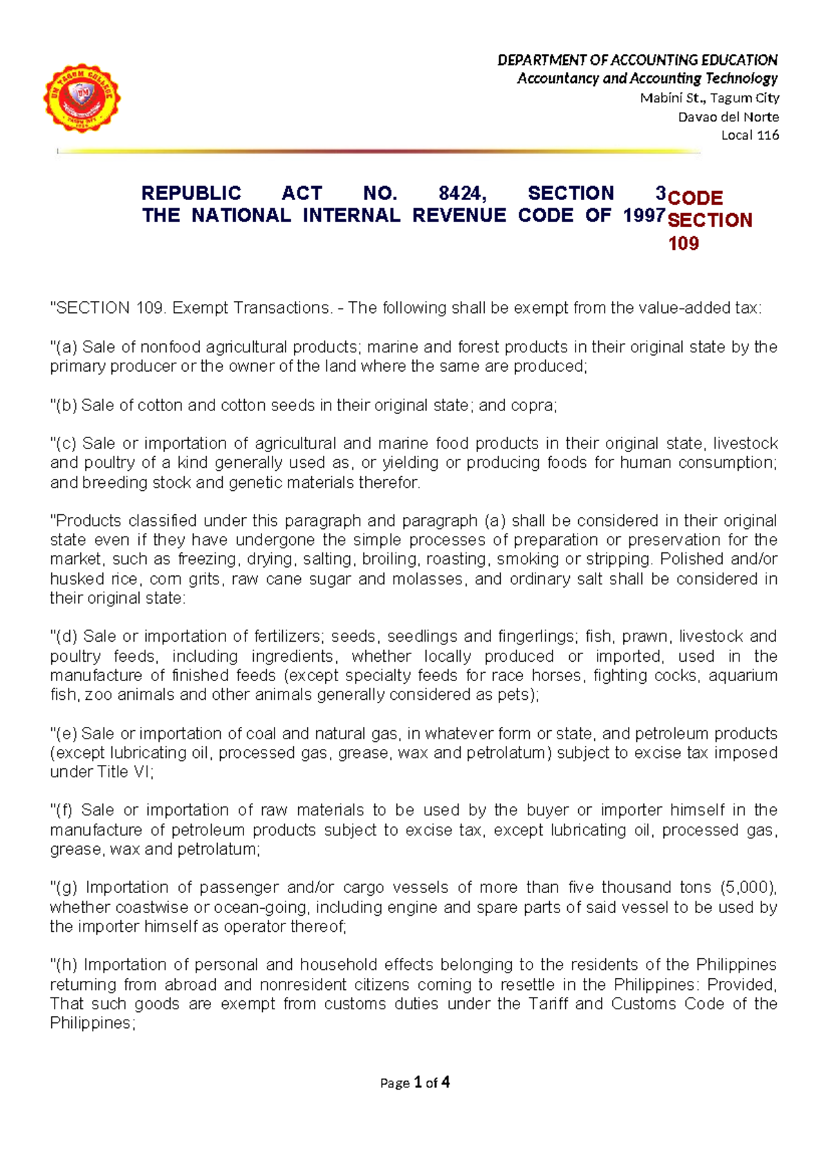 Tax code - Exempt services and goods under tax code - Accountancy and ...