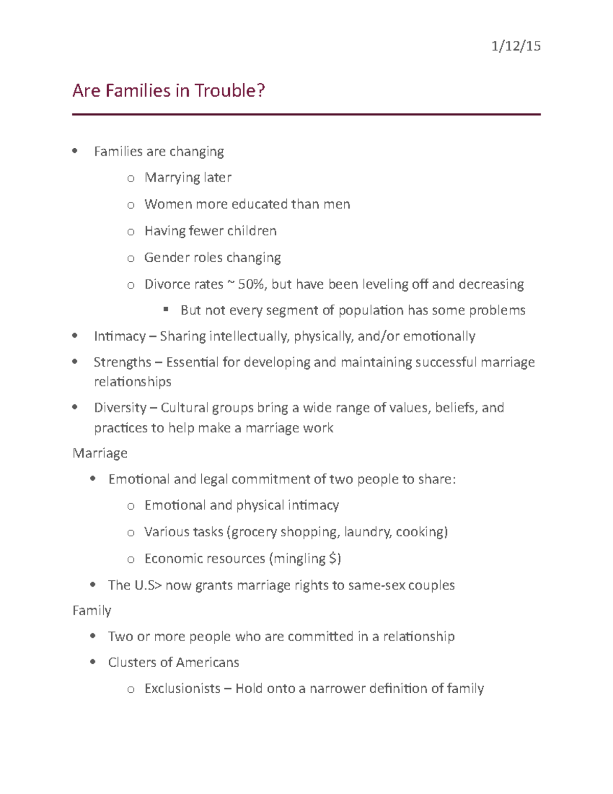 Unit 1 - Lecture notes All of Unit 1. - 1/12/ Are Families in Trouble ...