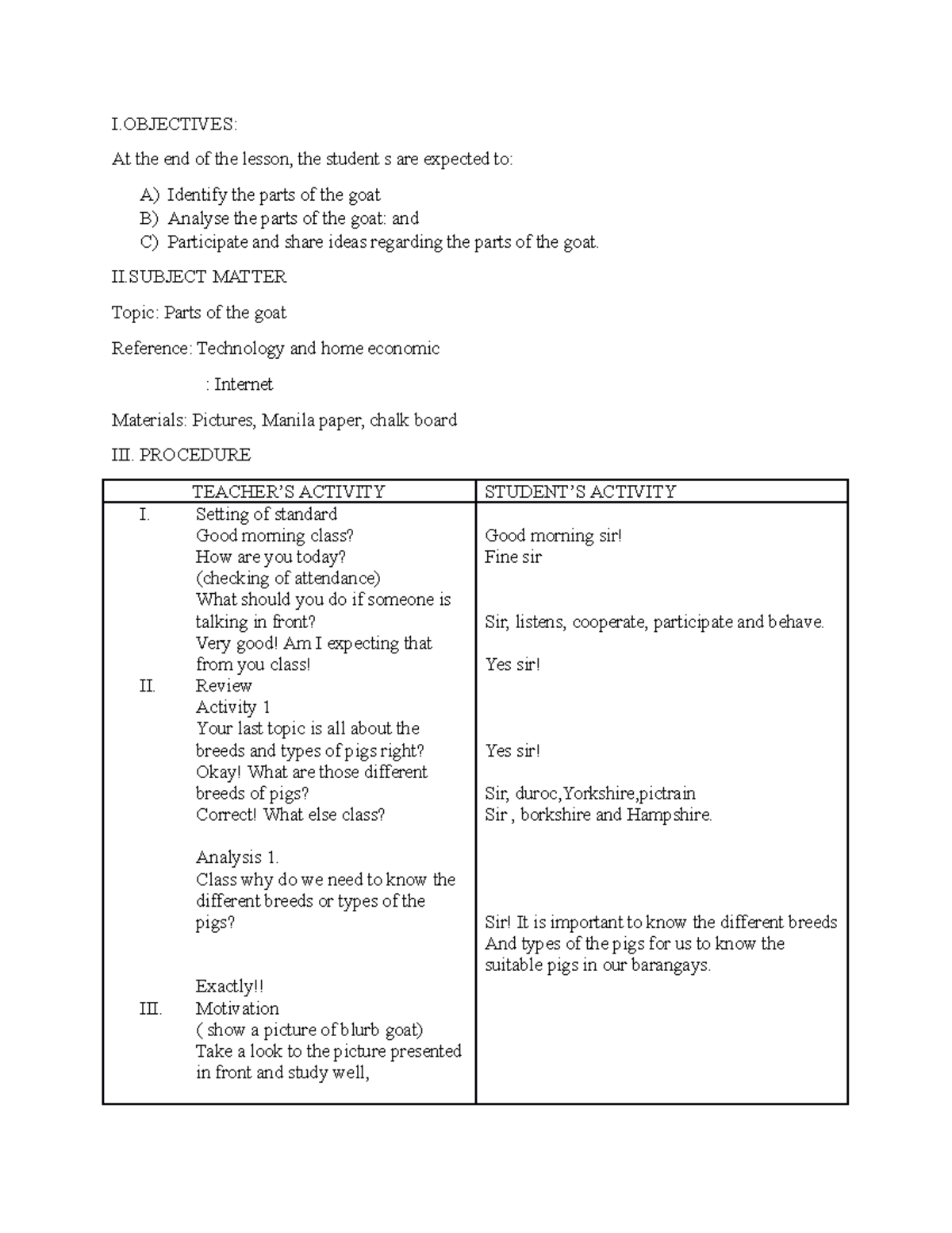 Deo's plan - RELIABLE - I: At the end of the lesson, the student s are ...