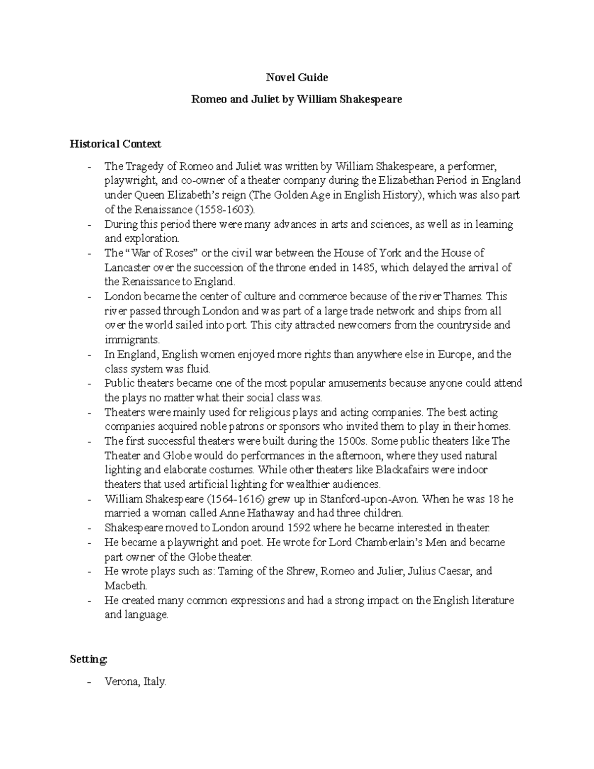 Novel Guide - .... - Novel Guide Romeo and Juliet by William ...