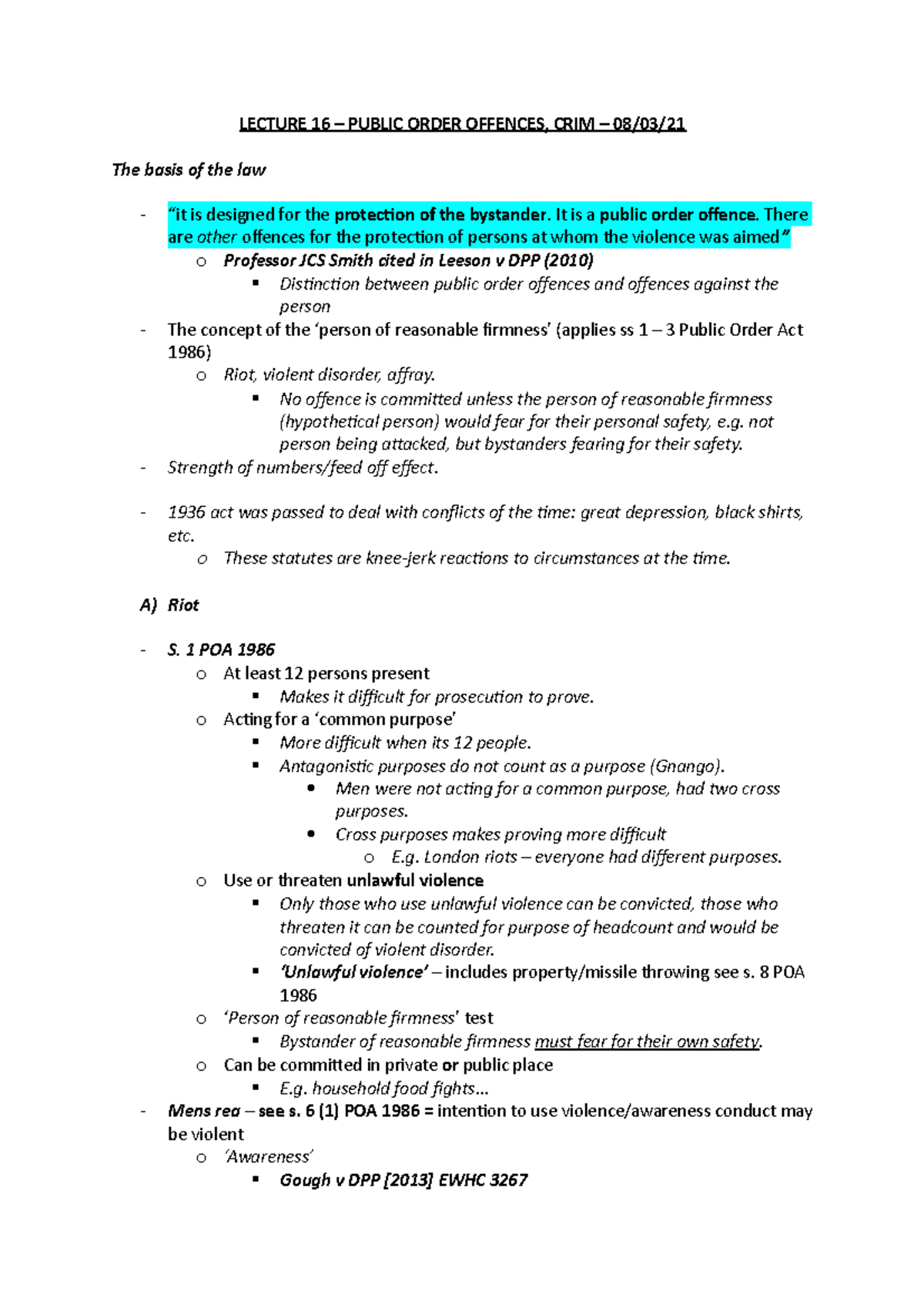 Public Order Offences - Criminal law - LECTURE 16 – PUBLIC ORDER ...