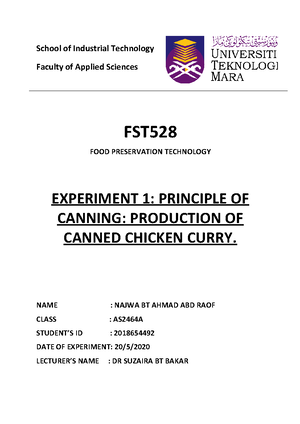 FST528 ( Canning) - FST FOOD PROCESSING LABORATORY LAB REPORT PRACTICAL ...