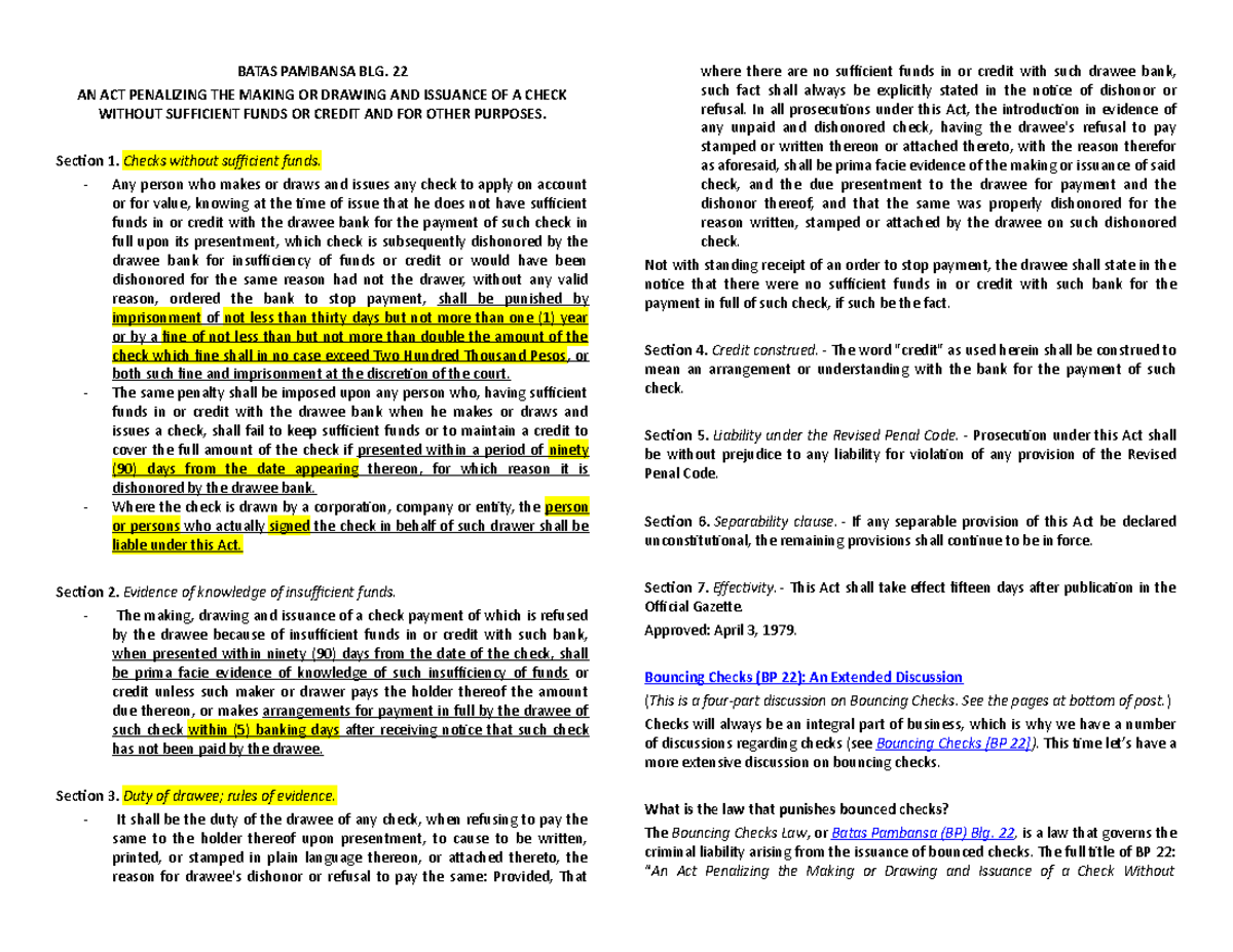 BP 22 Notes 002 - BATAS PAMBANSA BLG. 22 AN ACT PENALIZING THE MAKING ...