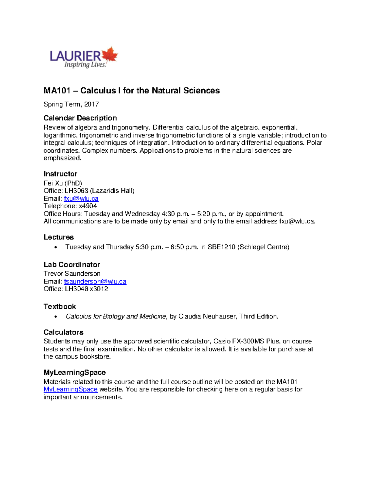 Ma101 Syllabus for Spring Term 2017 - MA101 – Calculus I for the Natural Sciences Spring Term ...