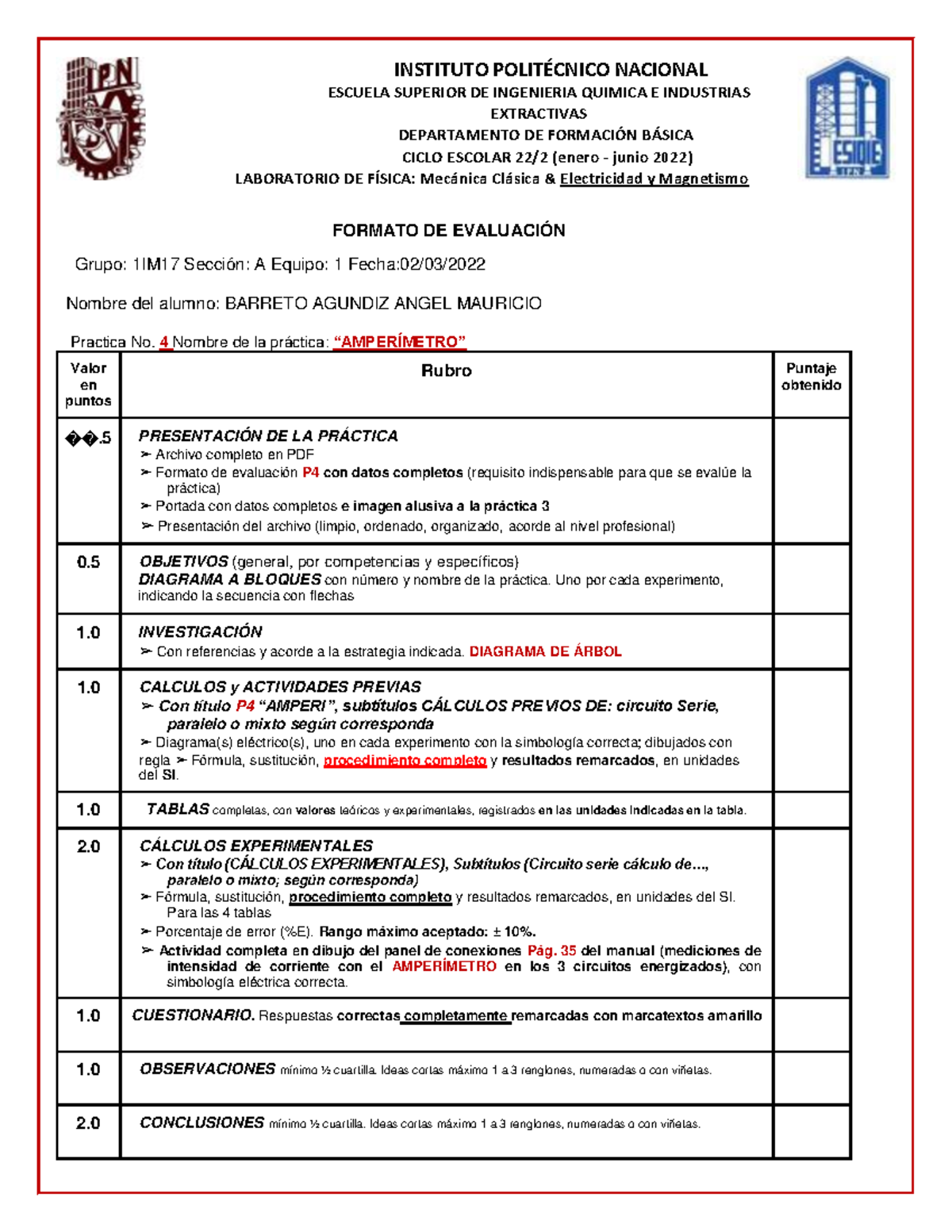 ELECTRICIDAD Y MAGNETISMO PRACTICA 9 - INSTITUTO POLIT.. NACIONAL ESCUELA SUPERIOR DE INGENIERIA ...