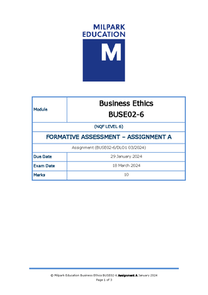 Business Ethics - Assignment Memo April 2022 - © Milpark Education ...