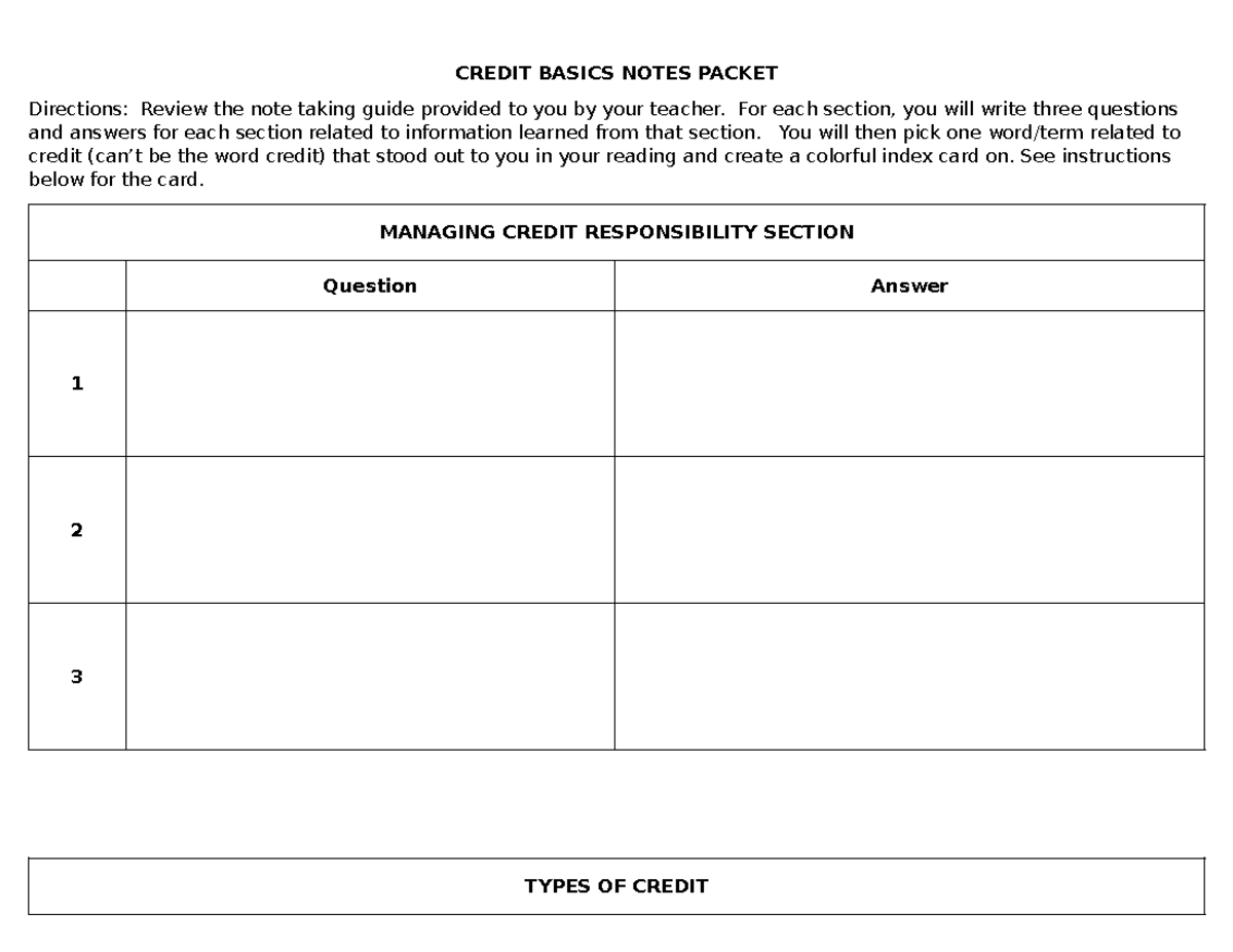 Credit Notes Graphic Organizer & Card - CREDIT BASICS NOTES PACKET ...
