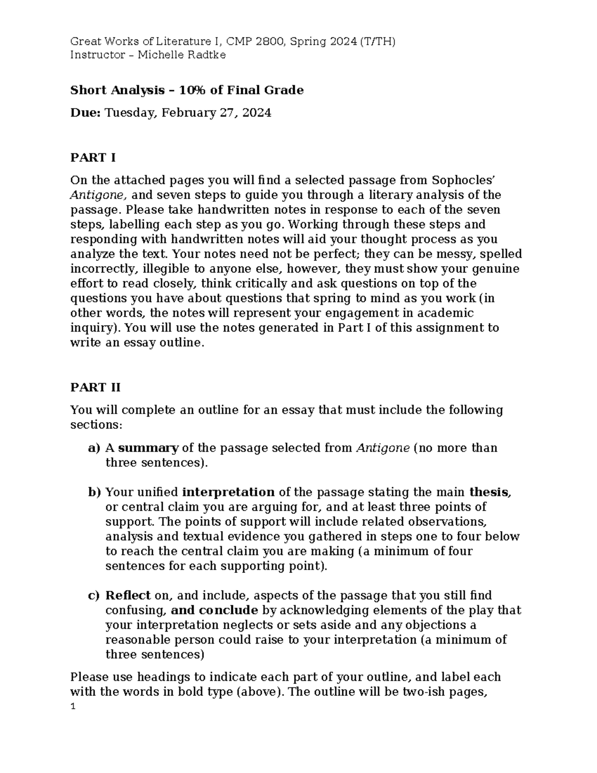 Short Analysis - Antigone - Instructor – Michelle Radtke Short Analysis ...