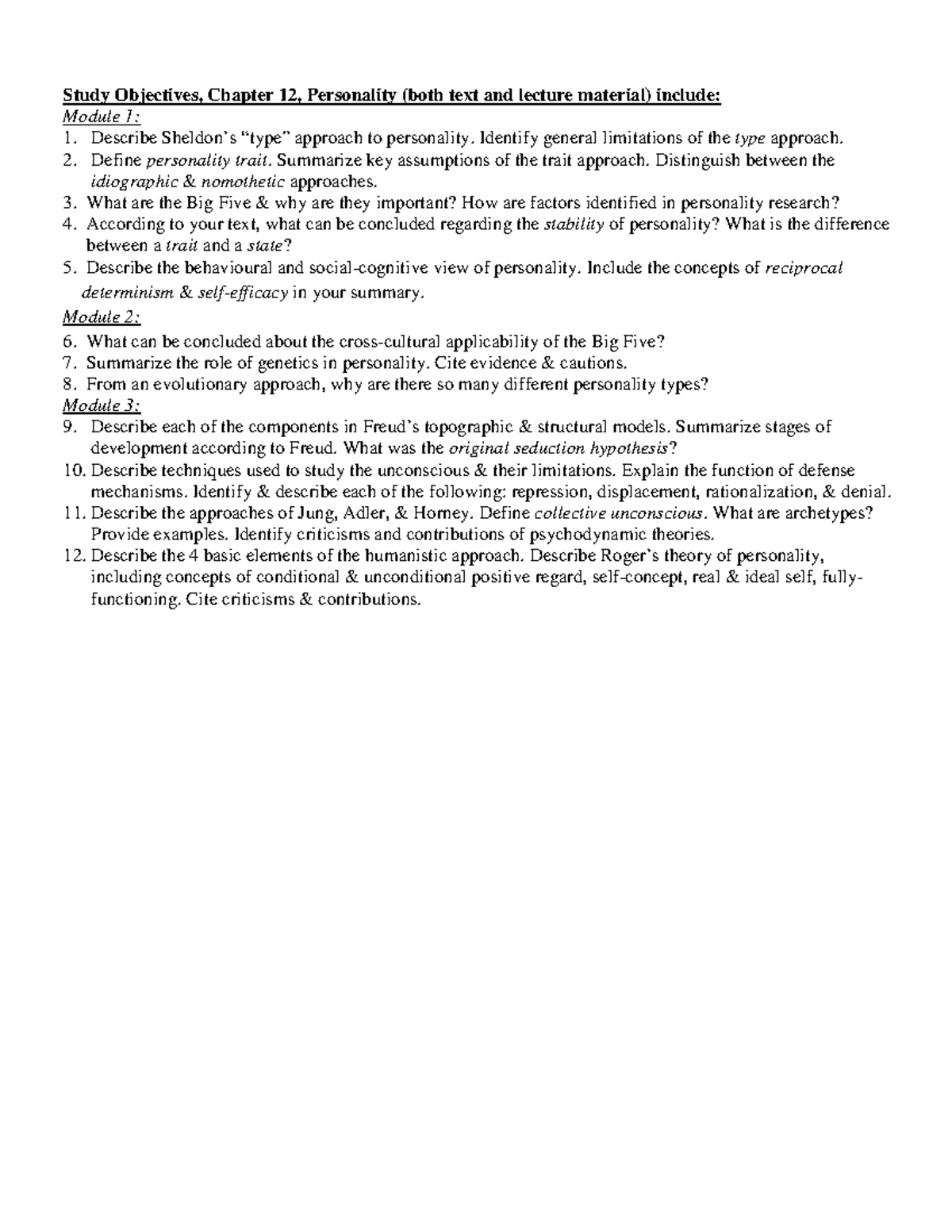 Study Objectives, Chapter 12, Personality - Identify general ...