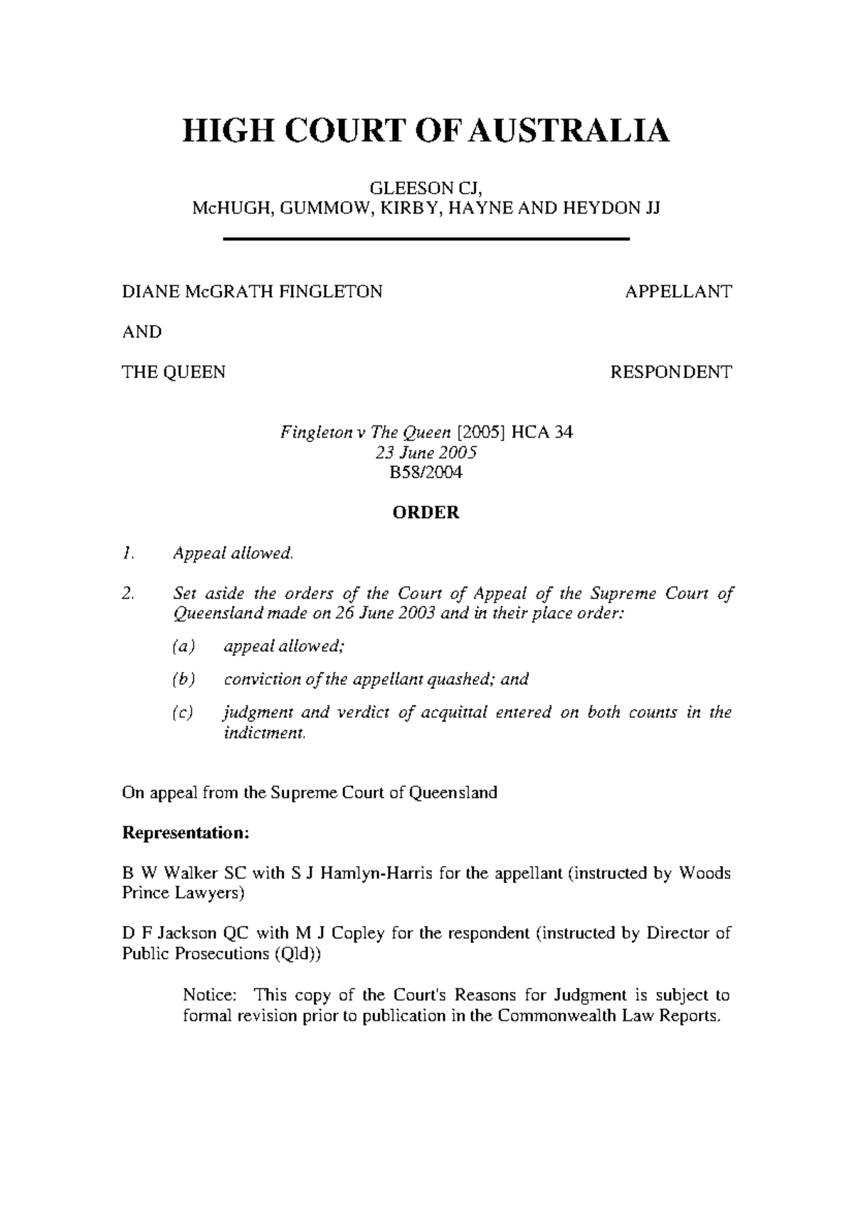 Diane Mc Grath Fingleton v R BC2005 04295 - HIGH COURT OF AUSTRALIA ...