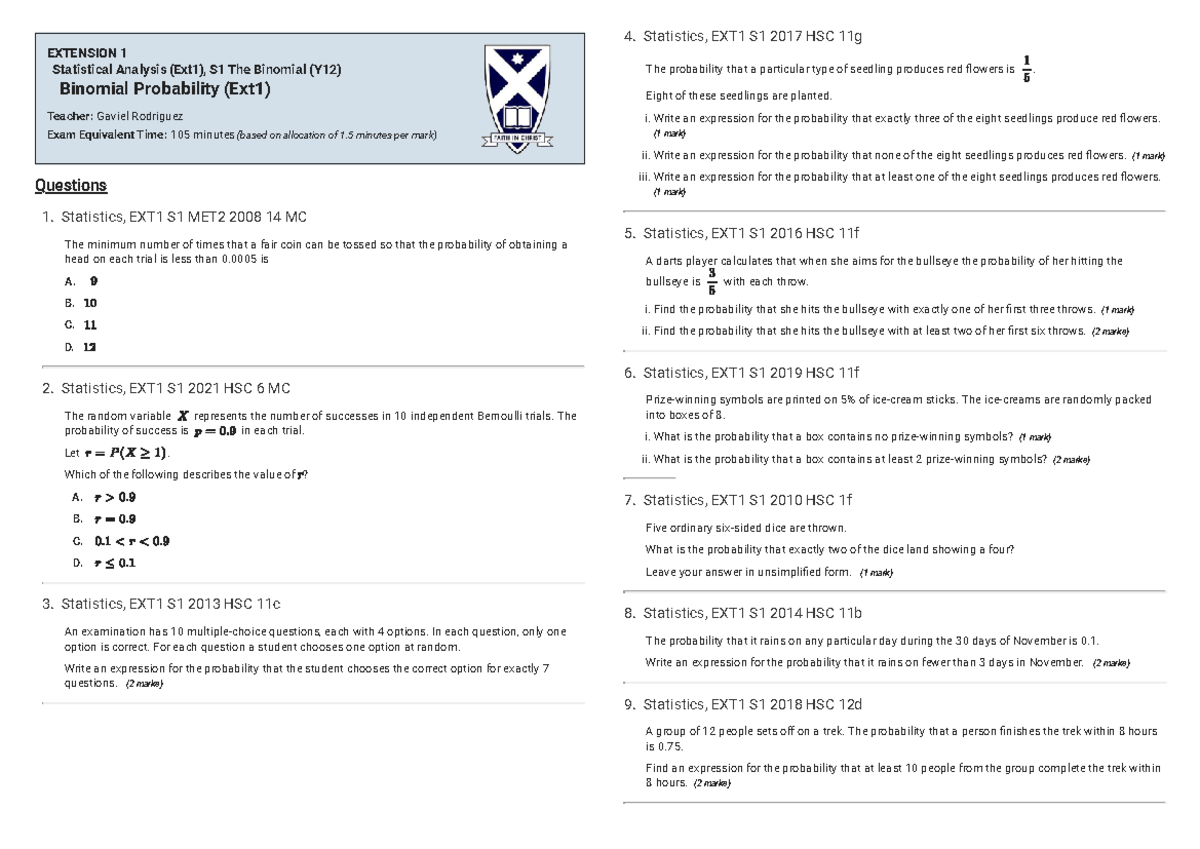 HSC Binomial Probability - 1. Statistics, EXT1 S1 MET2 2008 14 MC 2. Statistics, EXT1 S1 2021 ...