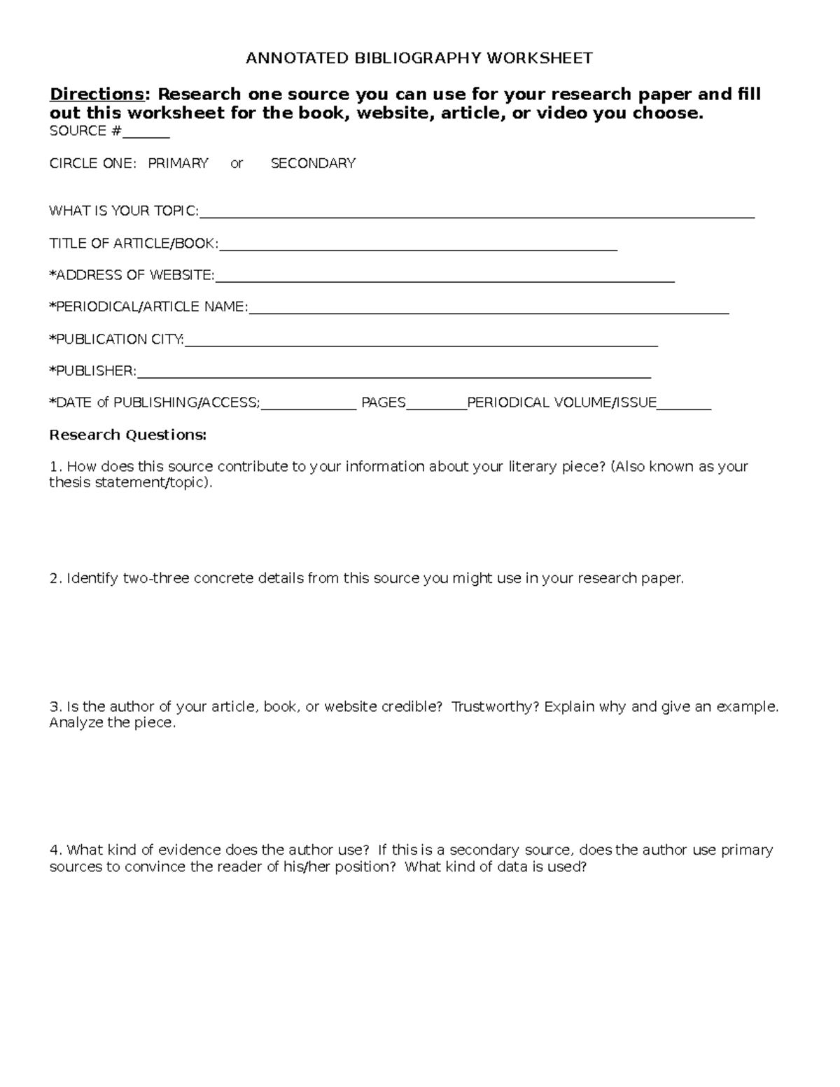 Annotatedbibliographywo - ANNOTATED BIBLIOGRAPHY WORKSHEET Directions ...