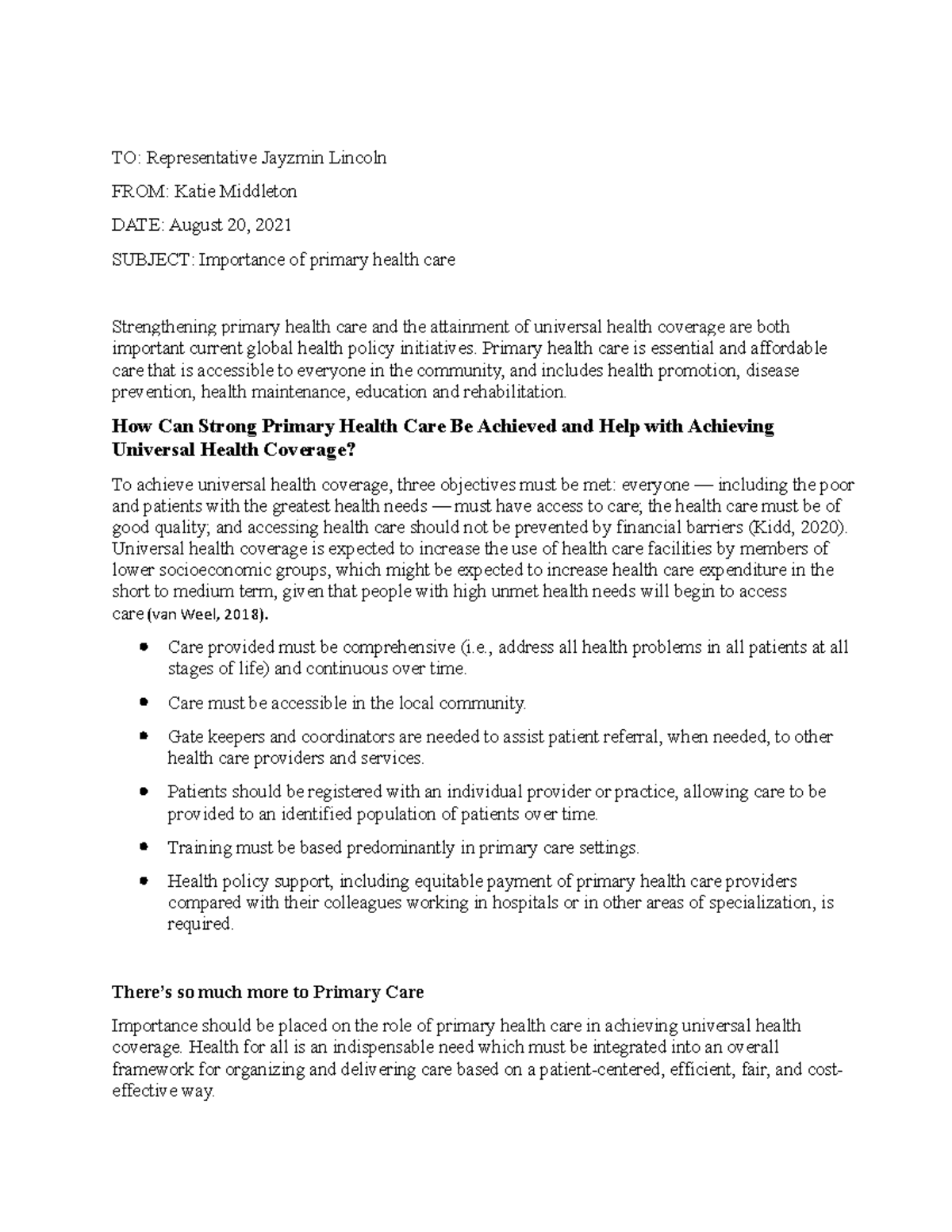 Module 2 primary care memo - TO: Representative Jayzmin Lincoln FROM ...