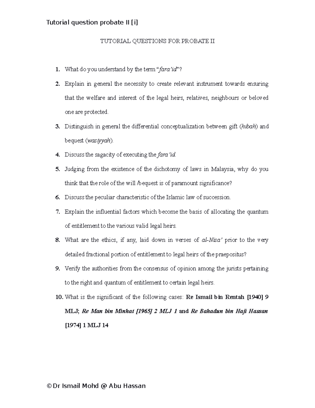 Tutorial Questions FOR Probate II - Tutorial question probate II [i ...