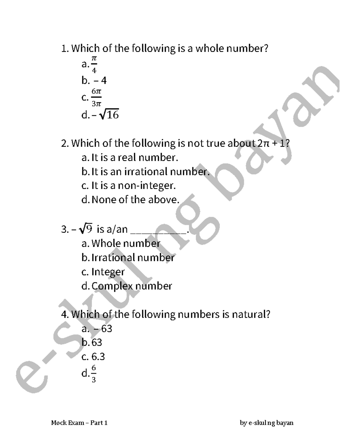 Mock Exam (Classifying Numbers, Number Theories, Prime Factorization ...