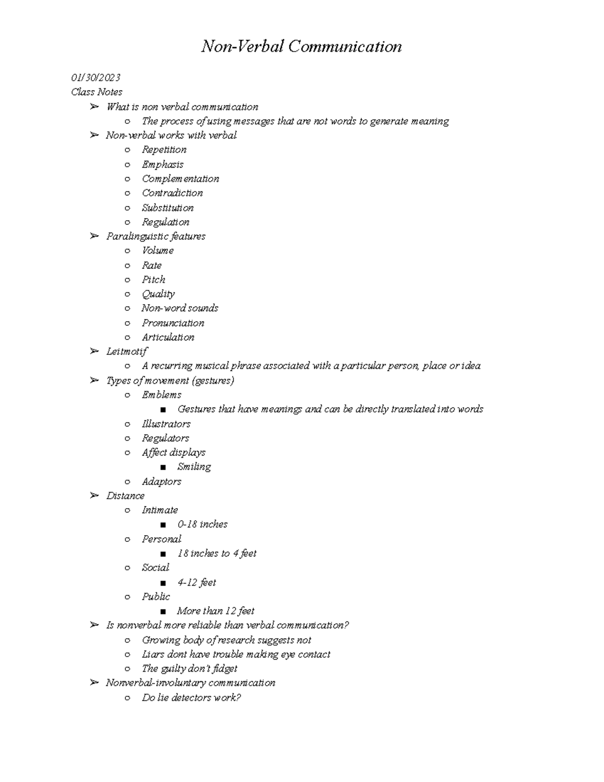 Non-Verbal Communication - Non-Verbal Communication 01/30/ Class Notes ...