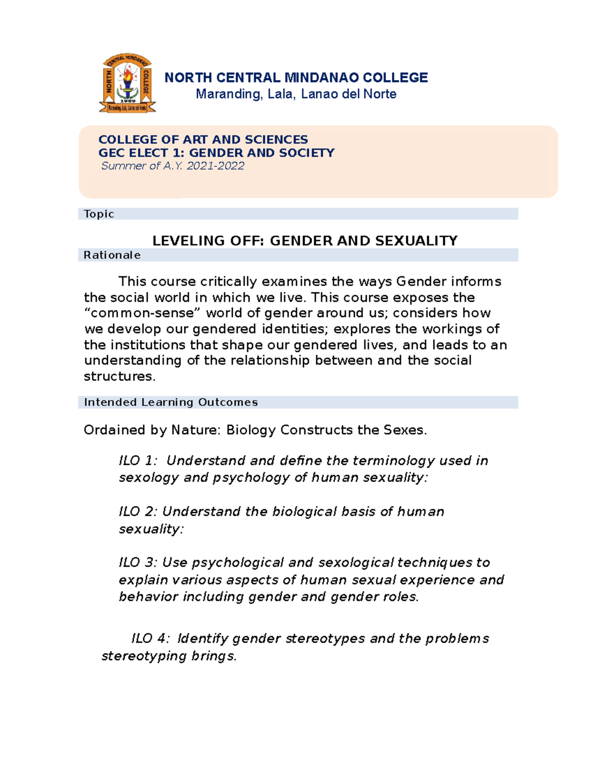 Module 1 GEC EL 1 - Notes - NORTH CENTRAL MINDANAO COLLEGE Maranding ...