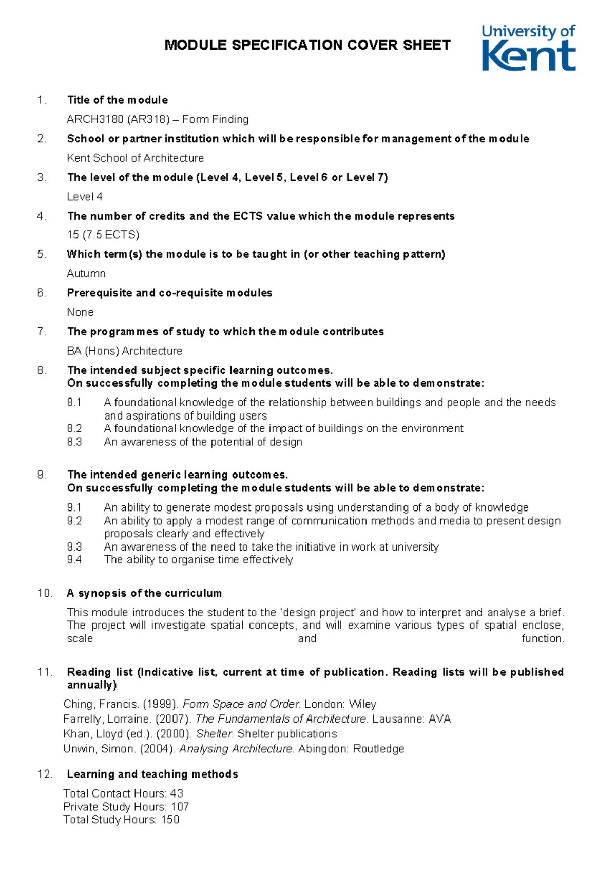 ARCH3180 - MODULE SPECIFICATION COVER SHEET 1. Title of the module ...