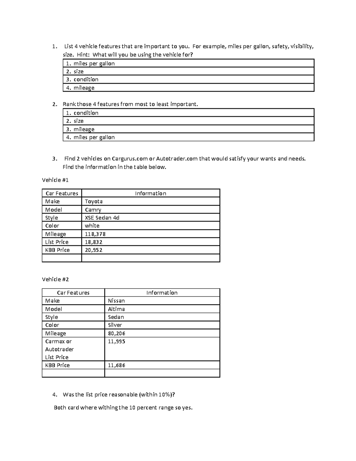 Car Shopping and Pricing - List 4 vehicle features that are important ...