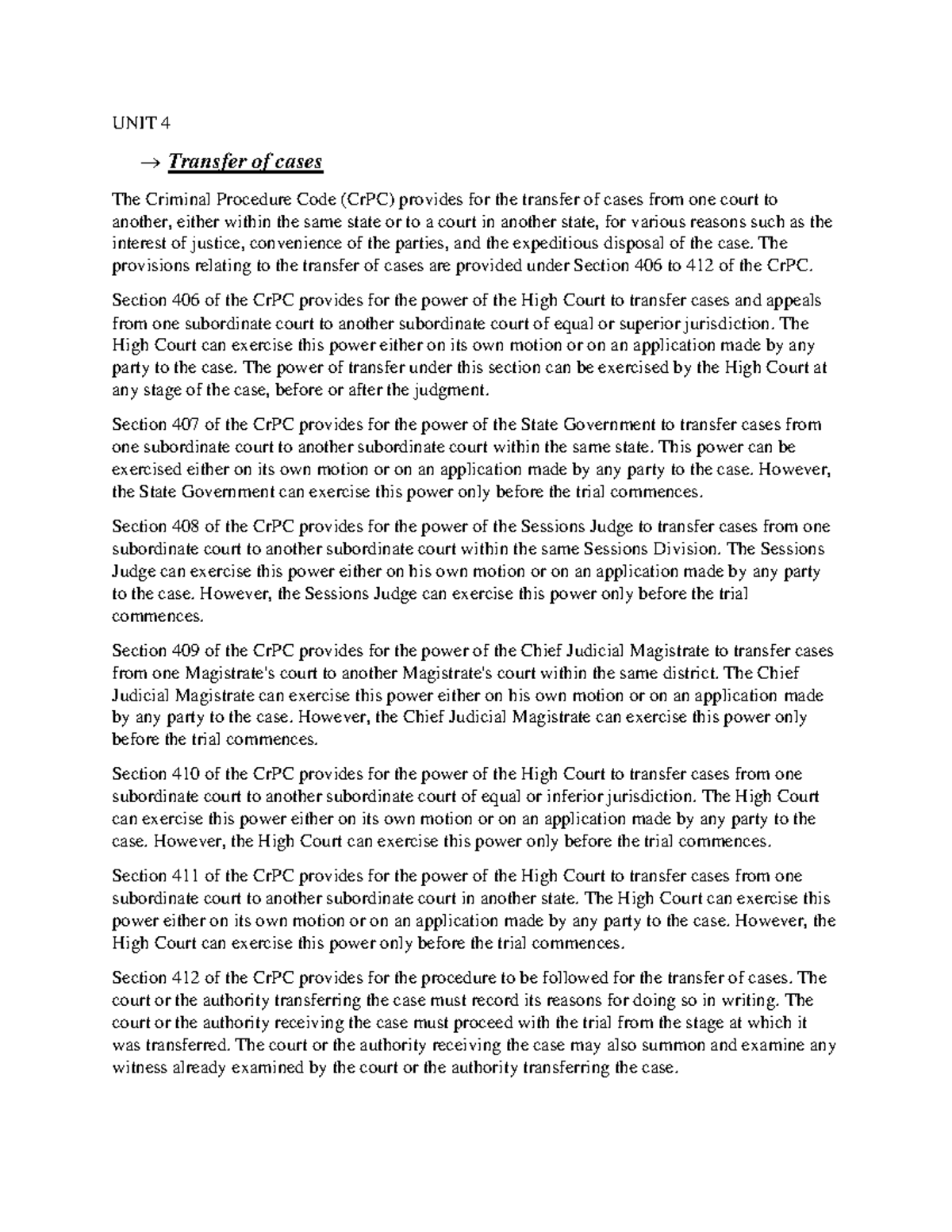 Cr PC U4 - notes - UNIT 4 → Transfer of cases The Criminal Procedure ...